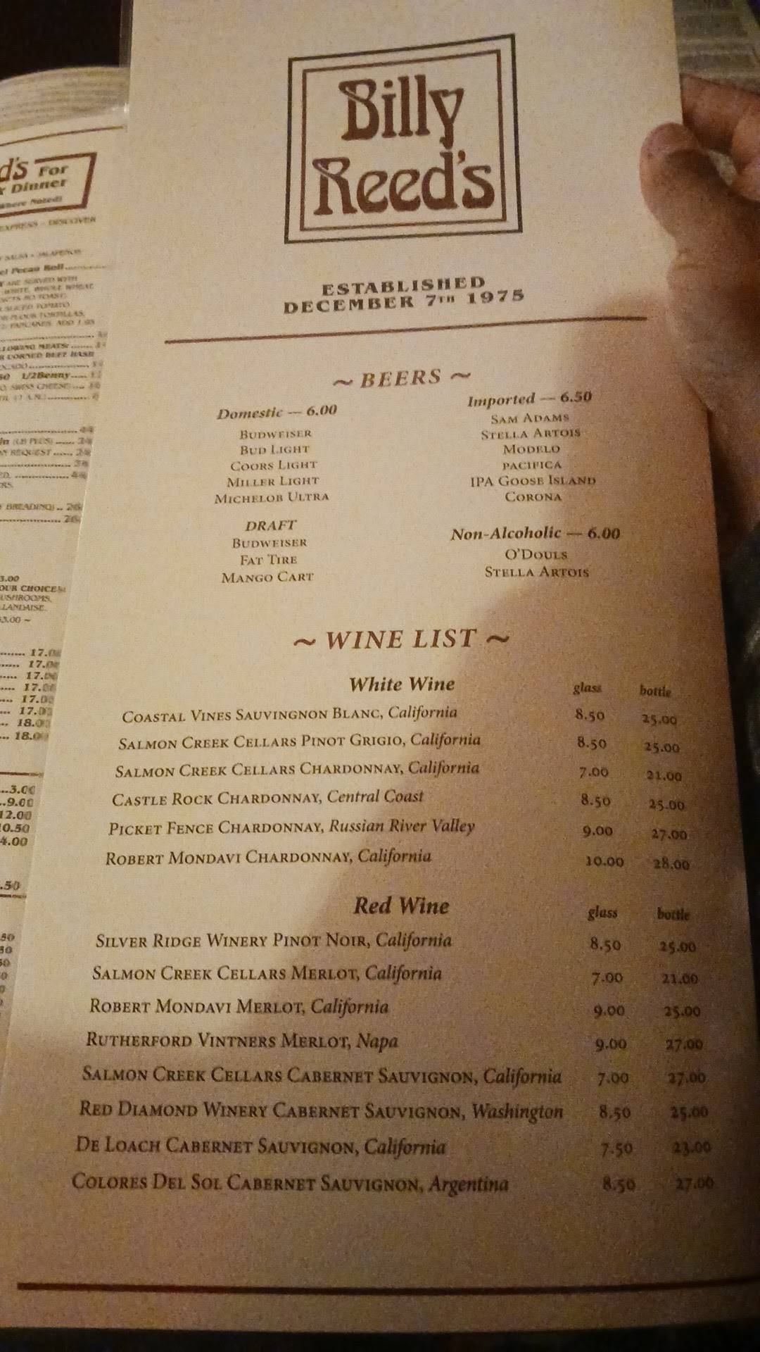 Menu at Billy Reed's Palm Springs restaurant, Palm Springs