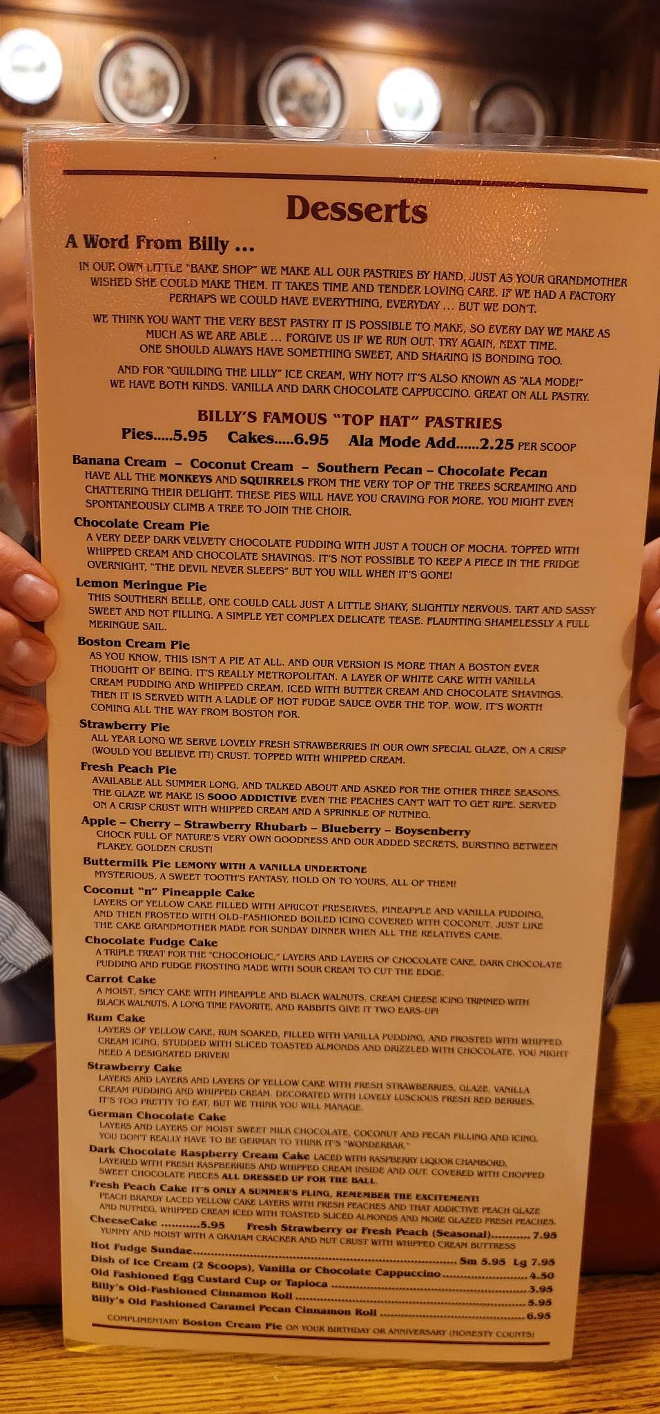 Menu at Billy Reed's Palm Springs restaurant, Palm Springs