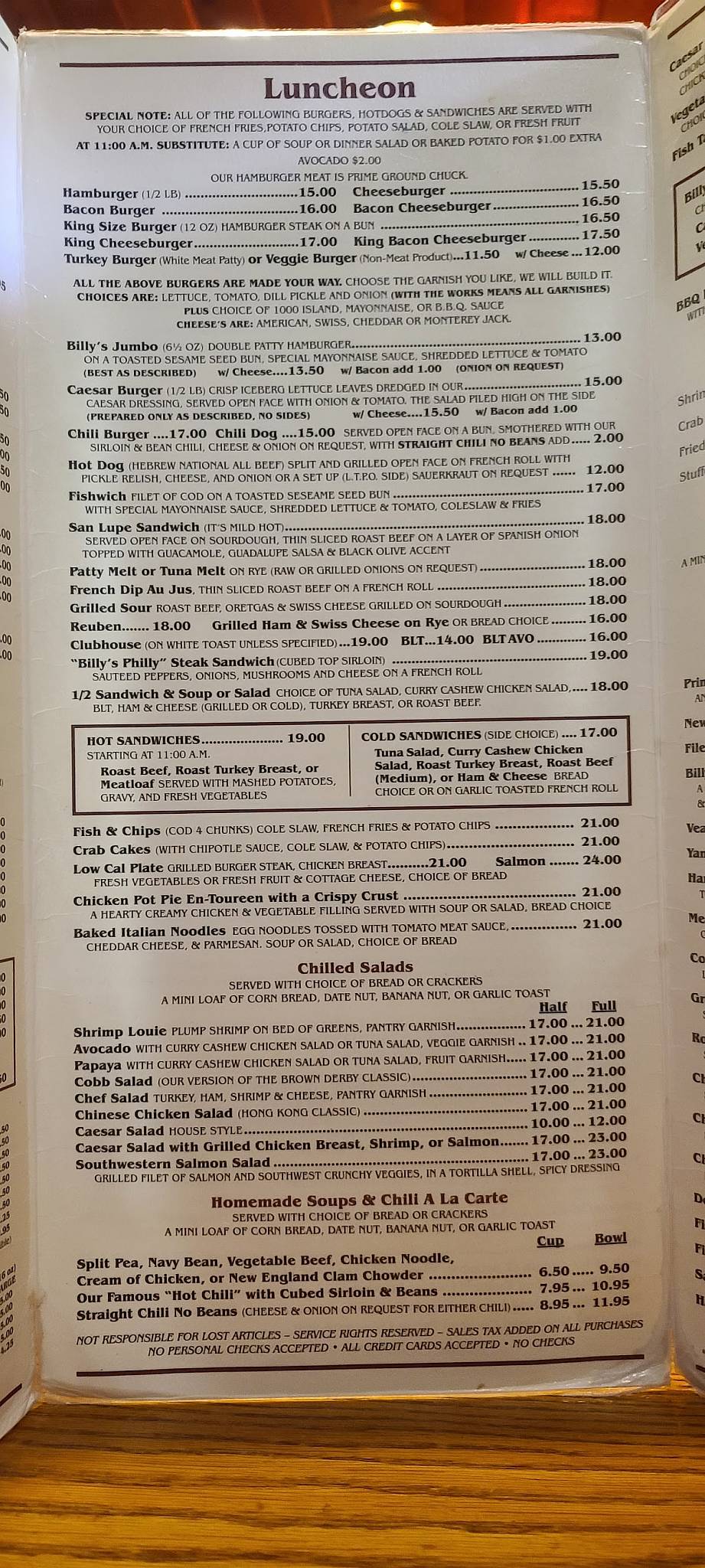 Menu at Billy Reed's Palm Springs restaurant, Palm Springs