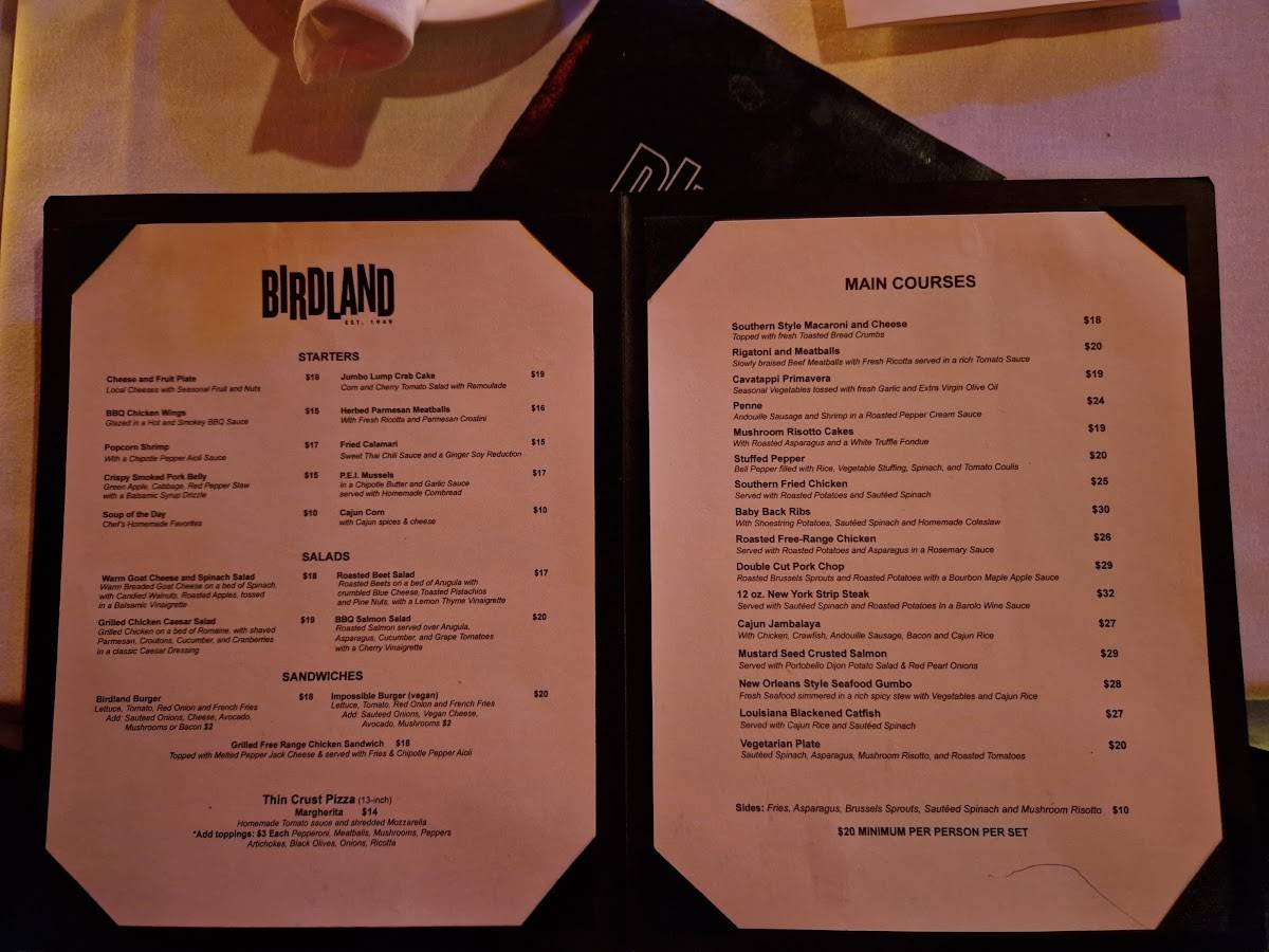 Menu at Birdland Jazz Club, West New York