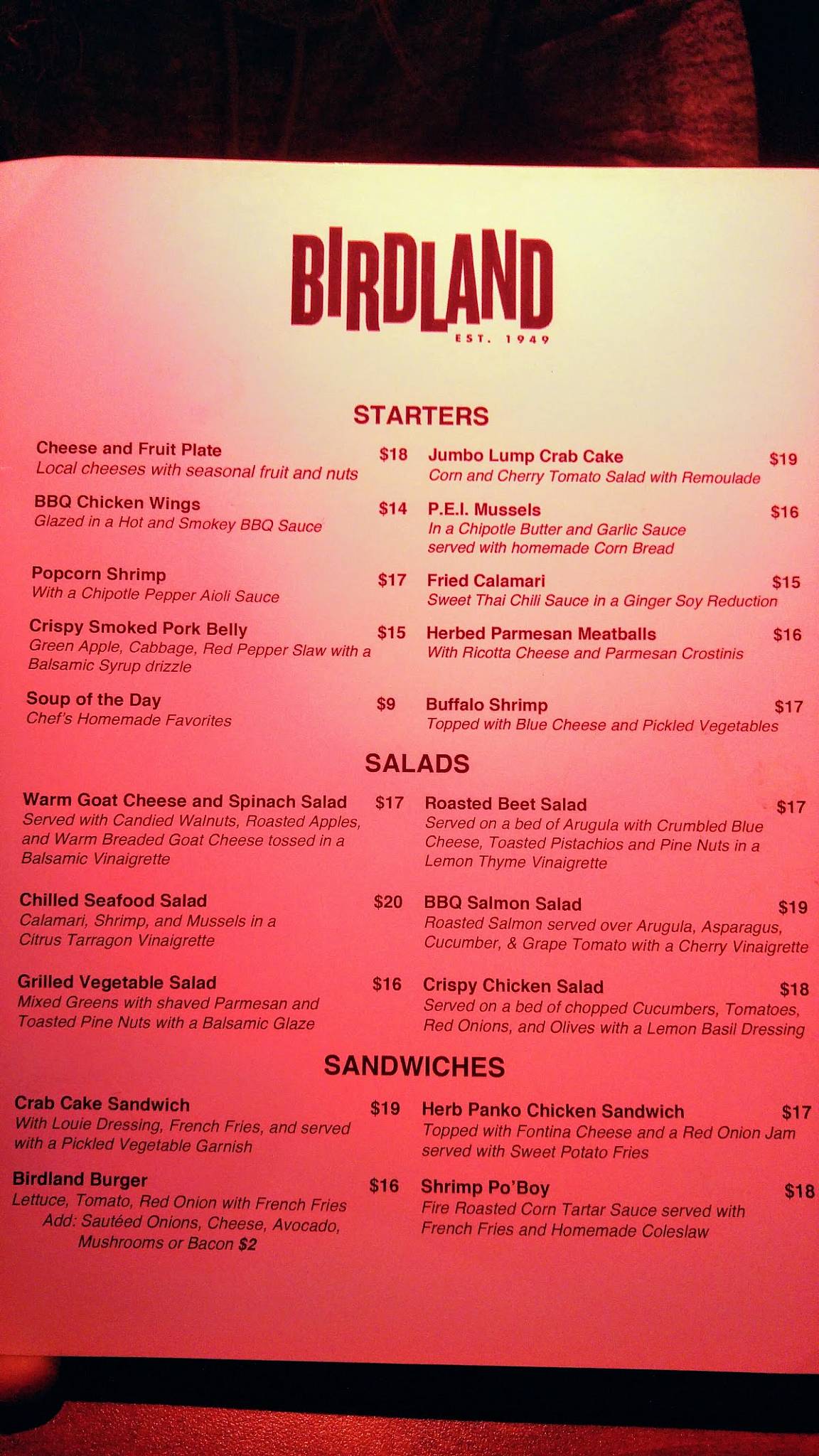 Menu at Birdland Jazz Club, West New York