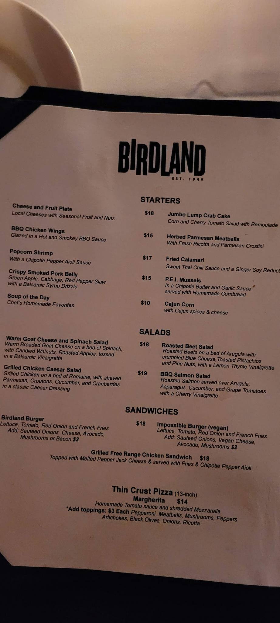 Menu at Birdland Jazz Club, West New York