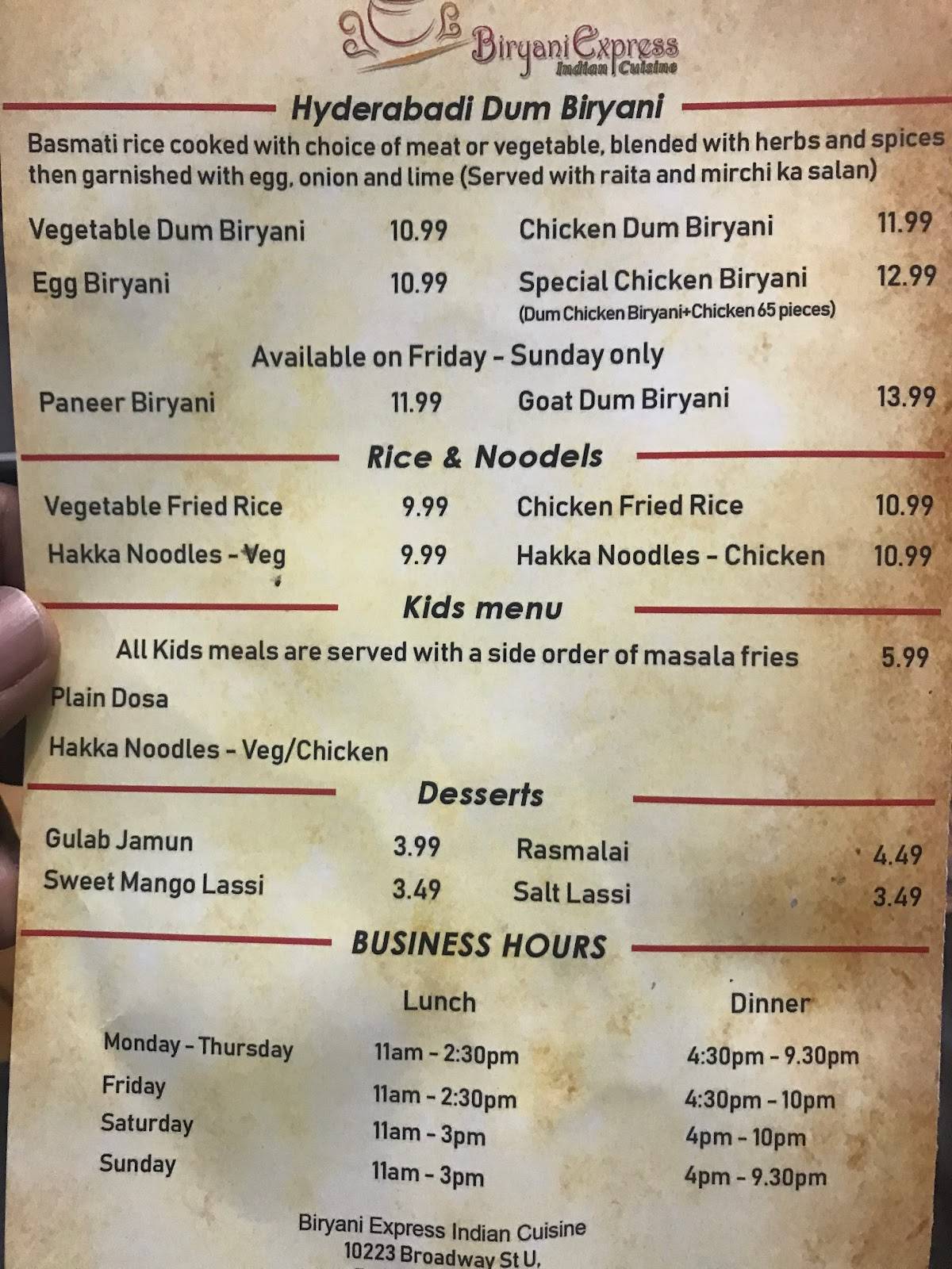 Menu at Biryani Express restaurant, Pearland, Broadway St U