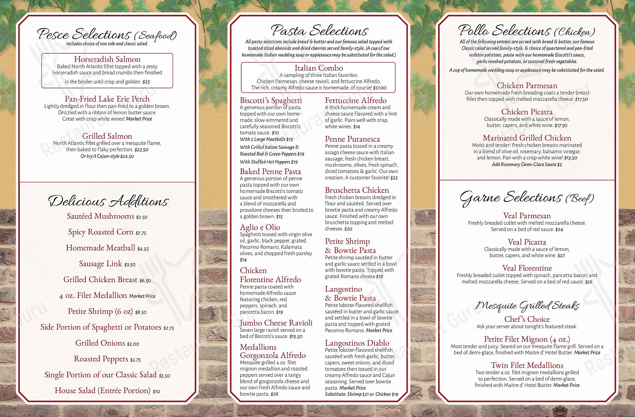 Menu at Biscotti's Restaurant, Conneaut