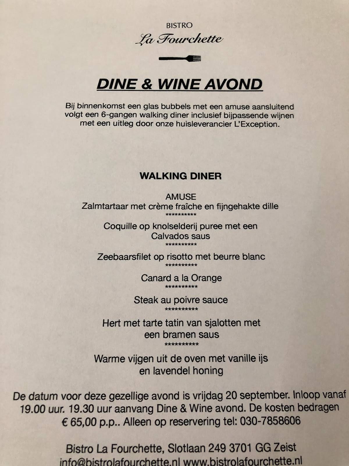Menu at Bistro La Fourchette, Zeist