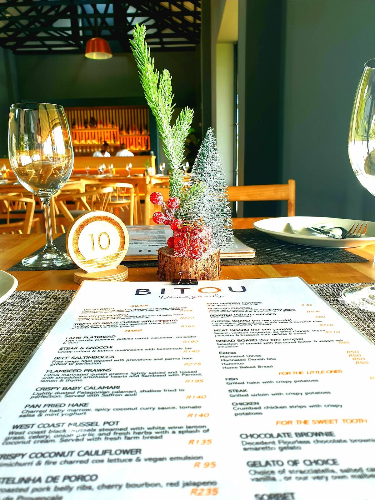 Menu at Bitou Vineyards restaurant, Plettenberg Bay