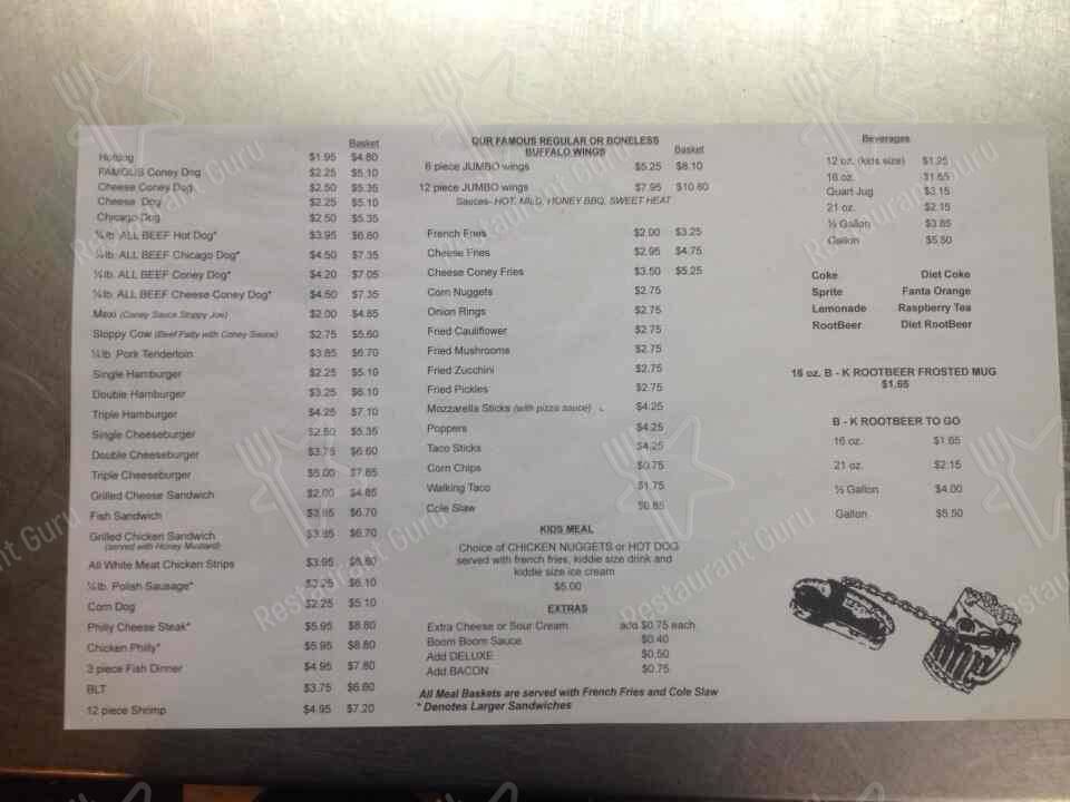 Menu at BK Root Beer Drive In restaurant, Mishawaka, Logan St