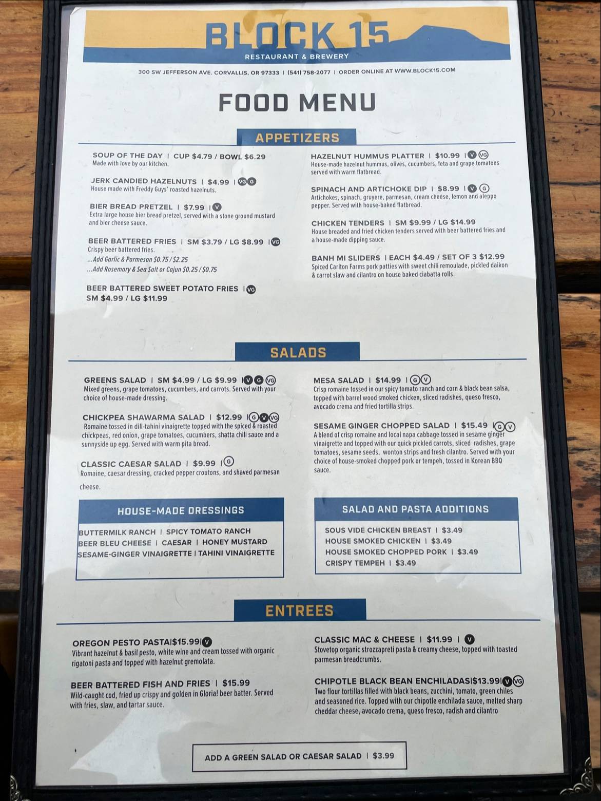 Menu at Block 15 Brewing Co. pub & bar, Corvallis