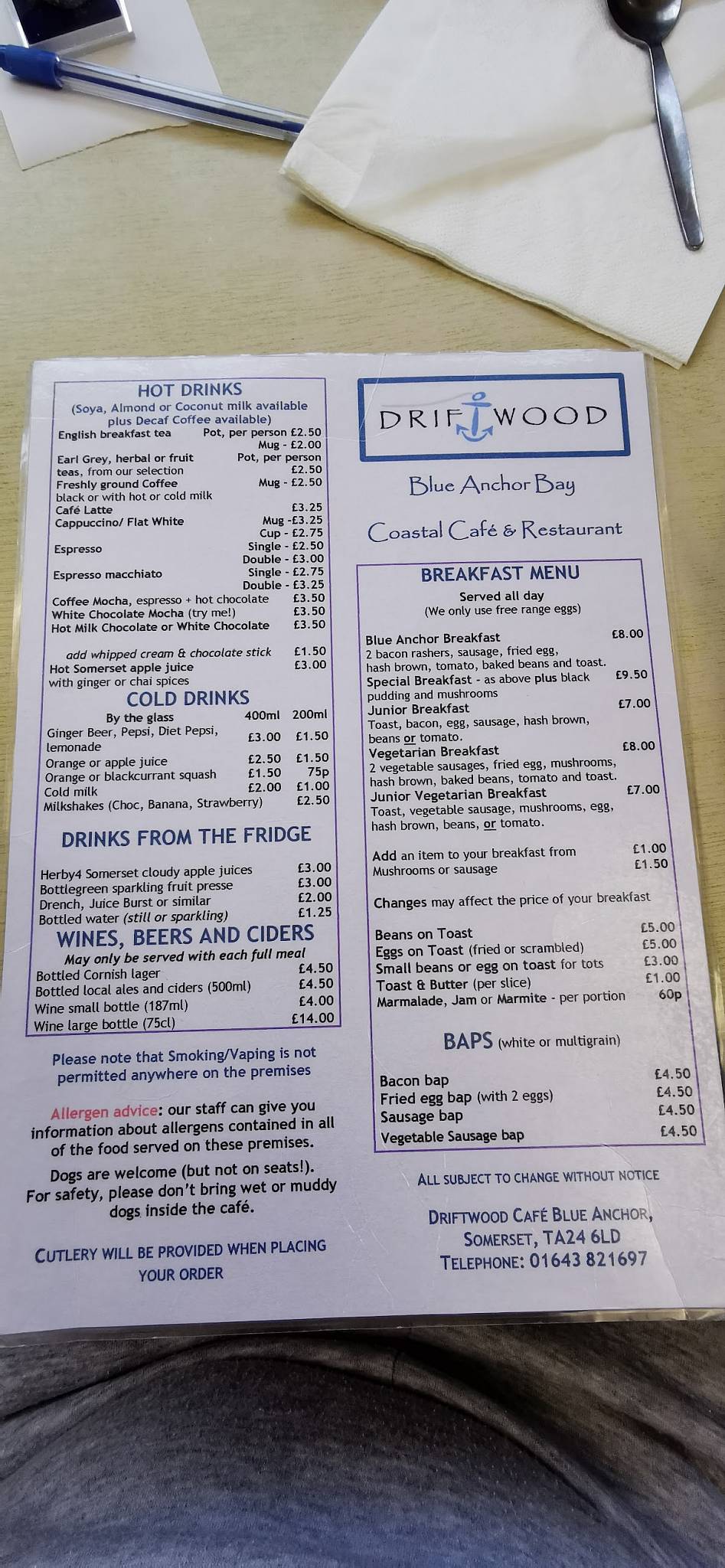 Menu at Driftwood Cafe, Blue Anchor