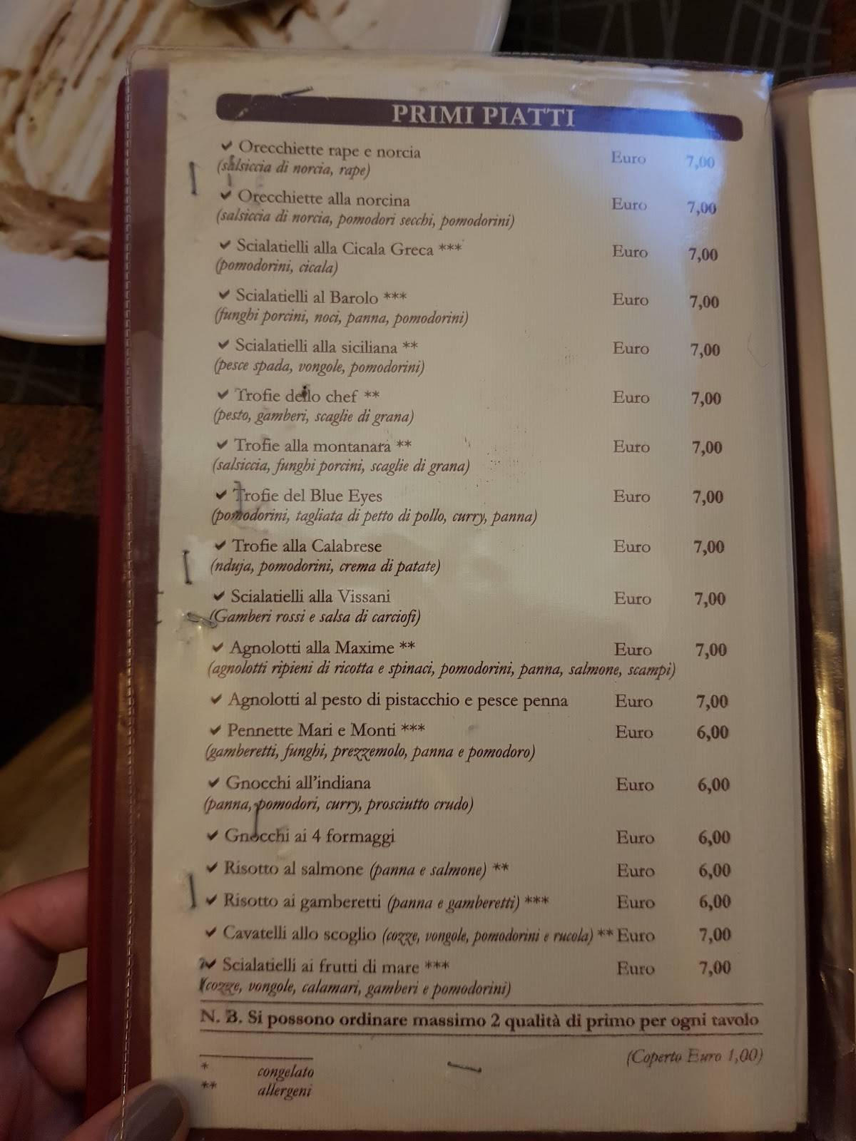 Menu at Blue Eyes restaurant, Bari