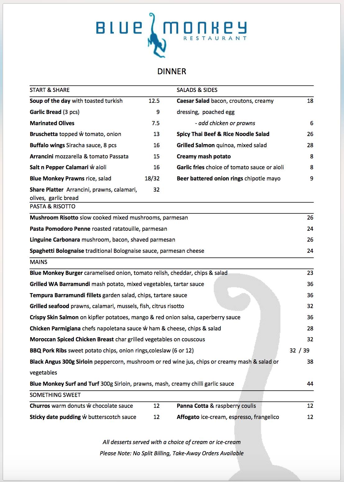 Menu at Blue Monkey Restaurant, Kalgoorlie