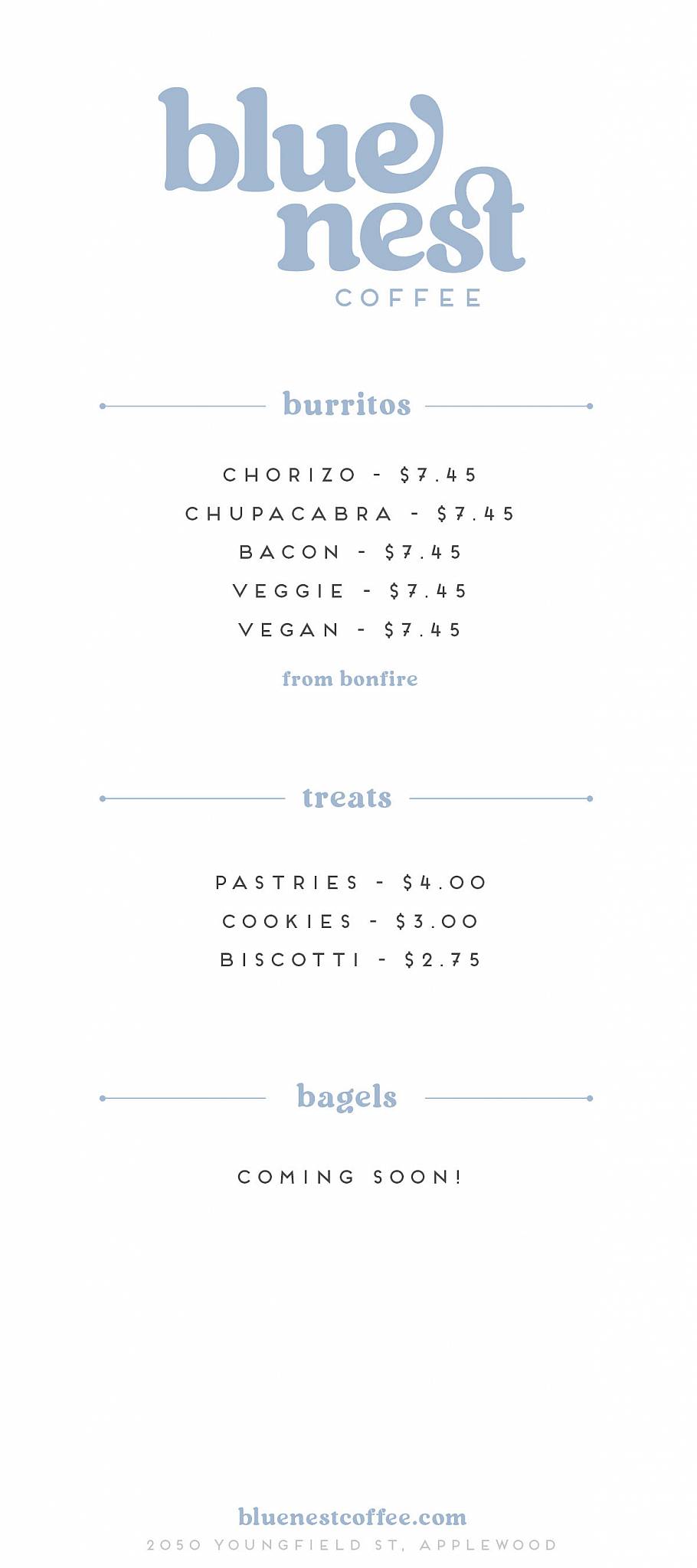 Menu at Blue Nest Coffee, Lakewood