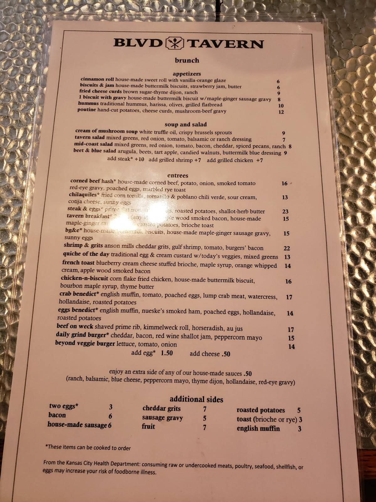 Menu at Blvd Tavern restaurant, Kansas City
