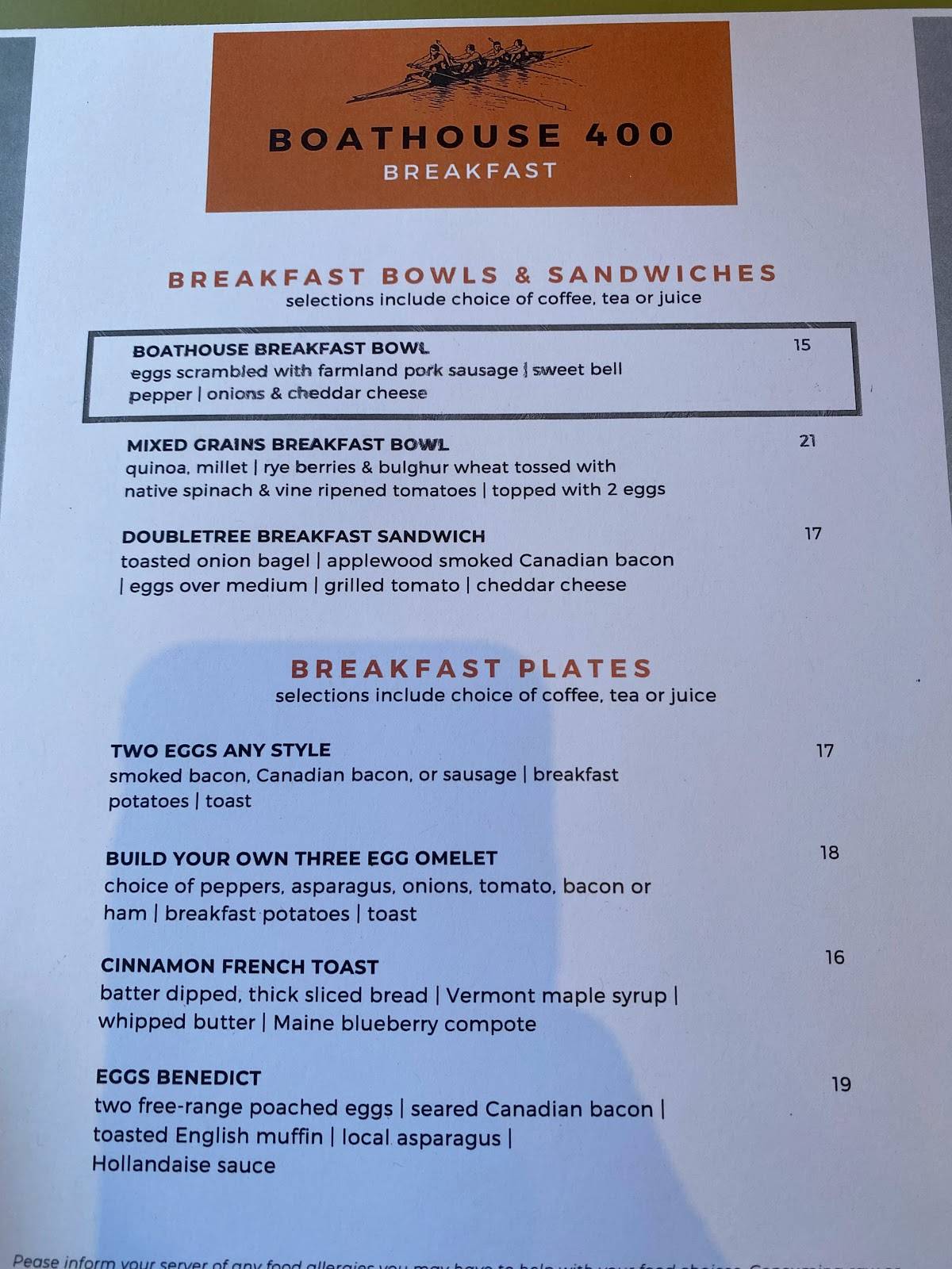 Menu at Boathouse 400 restaurant, Boston, 400 Soldiers Field Rd
