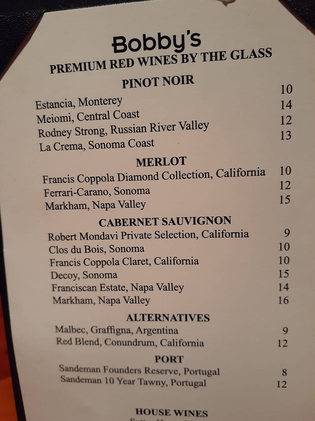 Menu at Bobby's Restaurant & Lounge, Vero Beach