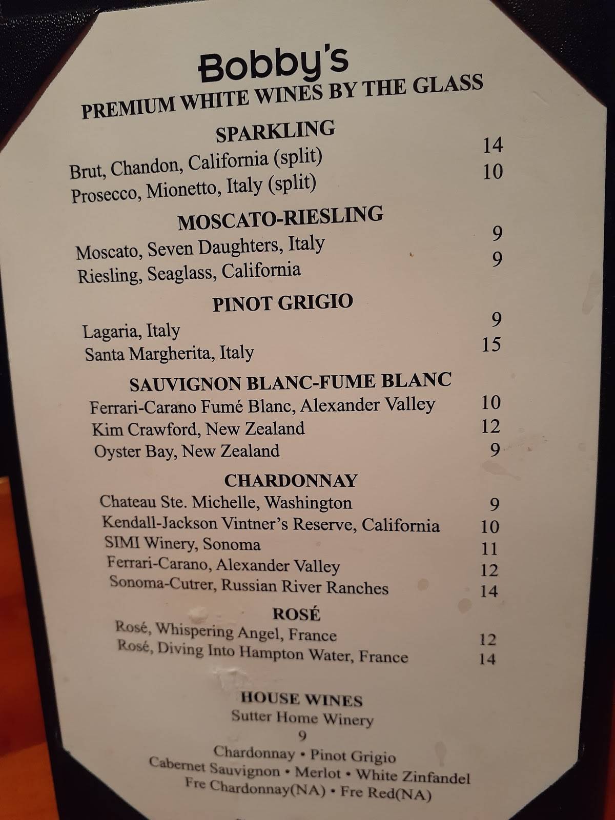 Menu at Bobby's Restaurant & Lounge, Vero Beach