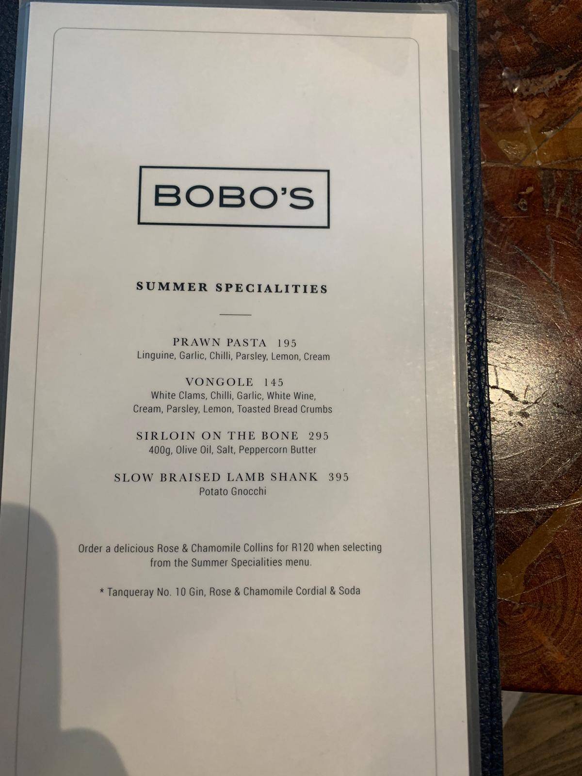 Menu at Bobo's restaurant, Cape Town