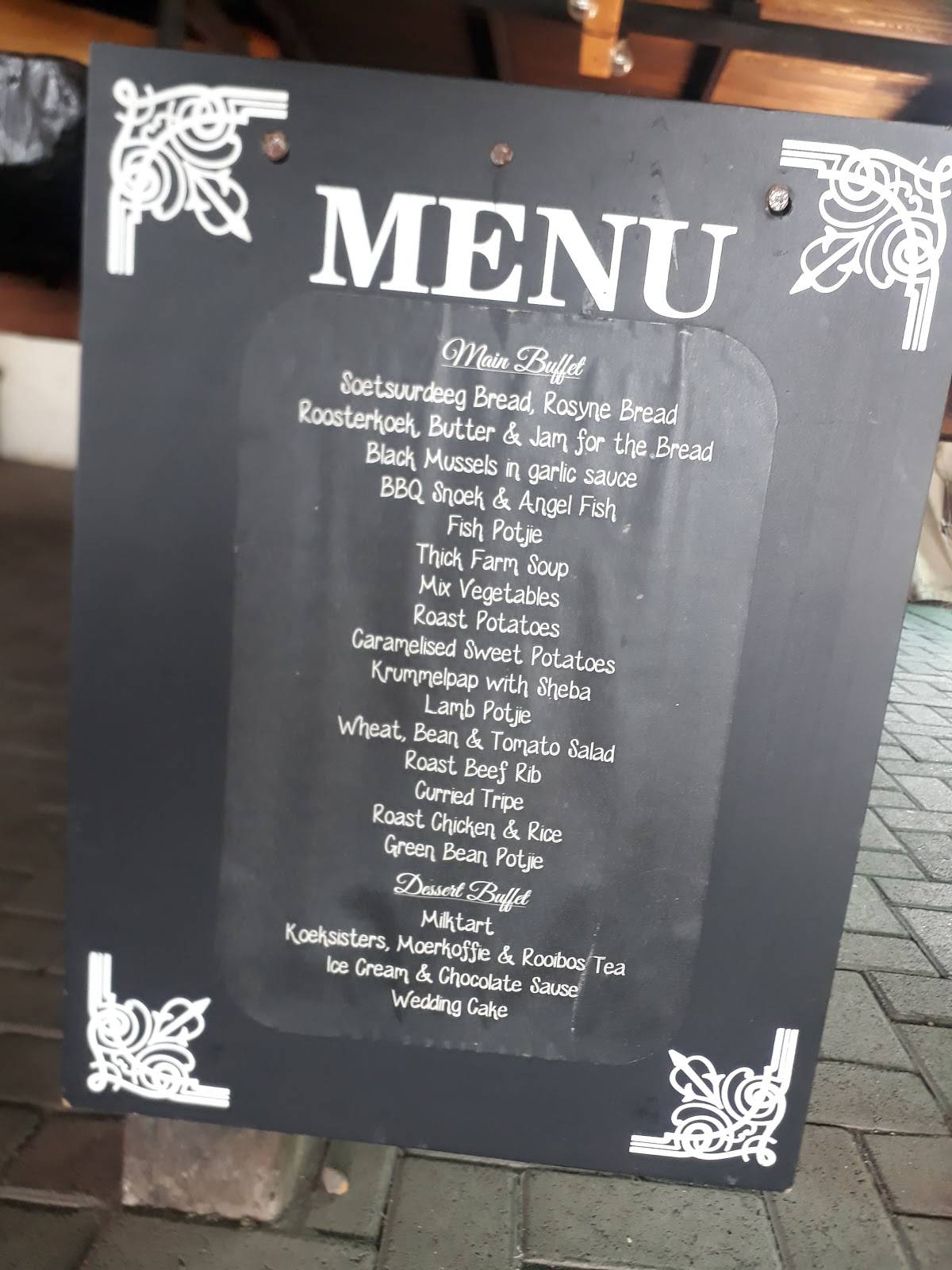 Menu at Boesmanland Plaaskombuis restaurant, Langebaan, Langebaan