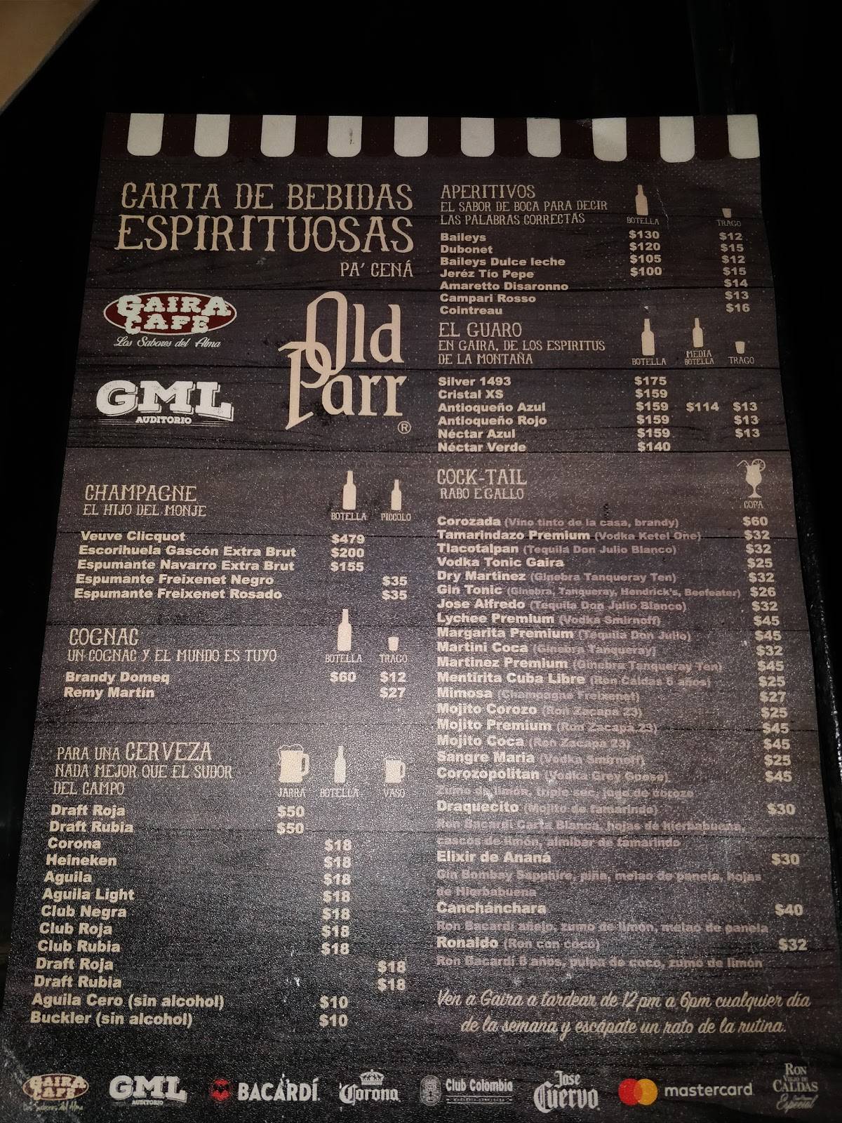 Carta del pub y bar Cumbia House del Gaira, Bogotá
