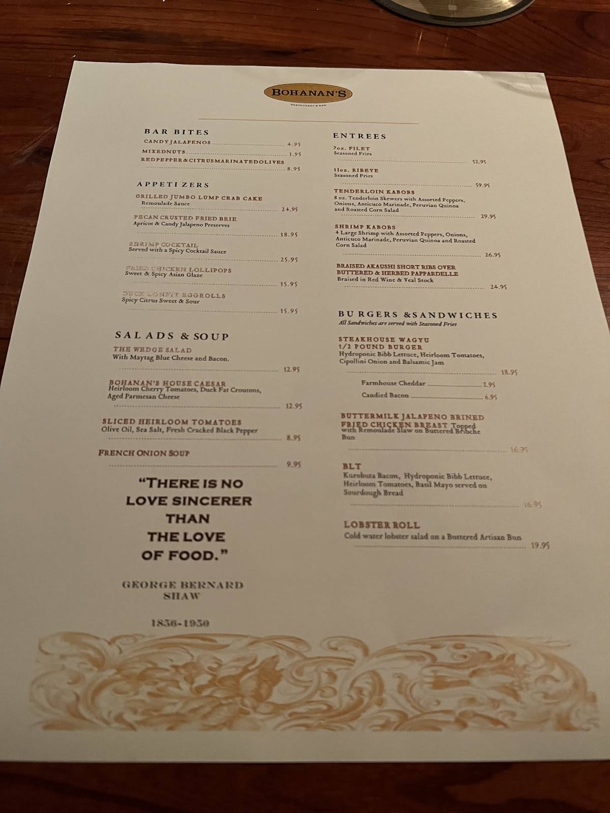 Menu at Bohanan's Prime Steaks and Seafood pub & bar, San Antonio