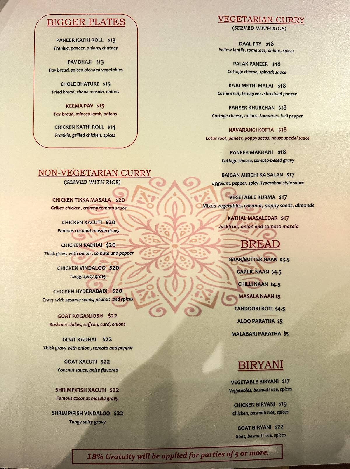 Menu at Bombay Street Kitchen restaurant, Orlando