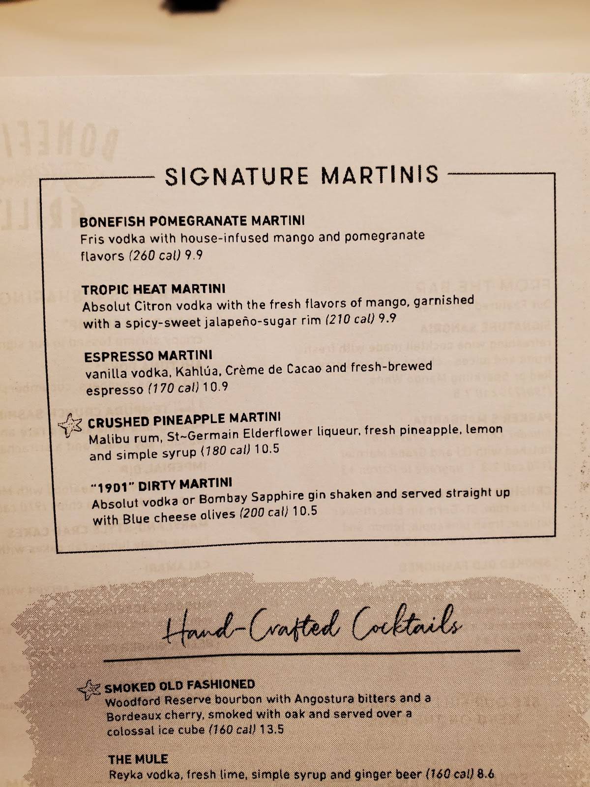 Menu at Bonefish Grill restaurant, Schaumburg
