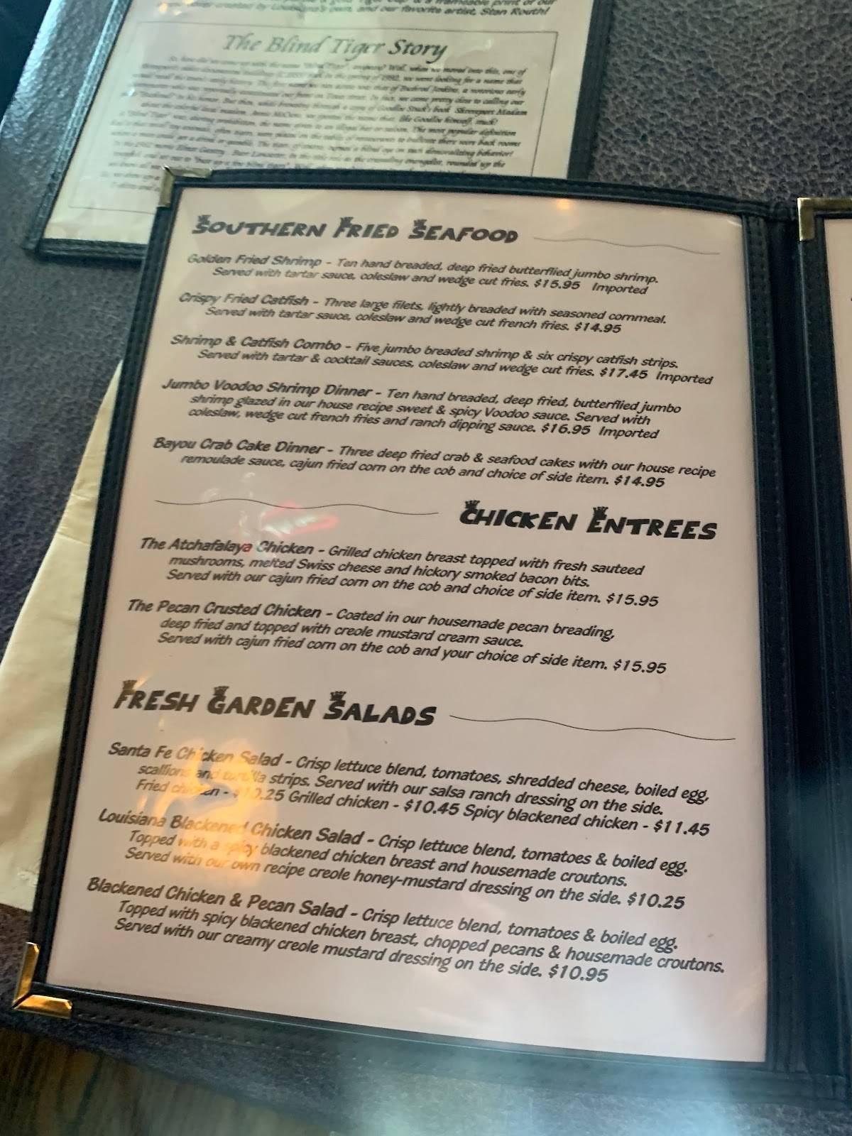 Menu at The Blind Tiger pub & bar, Shreveport