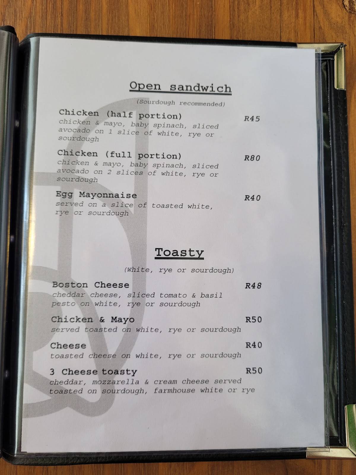 Menu at Boston Brew Coffee Shop restaurant, Durban