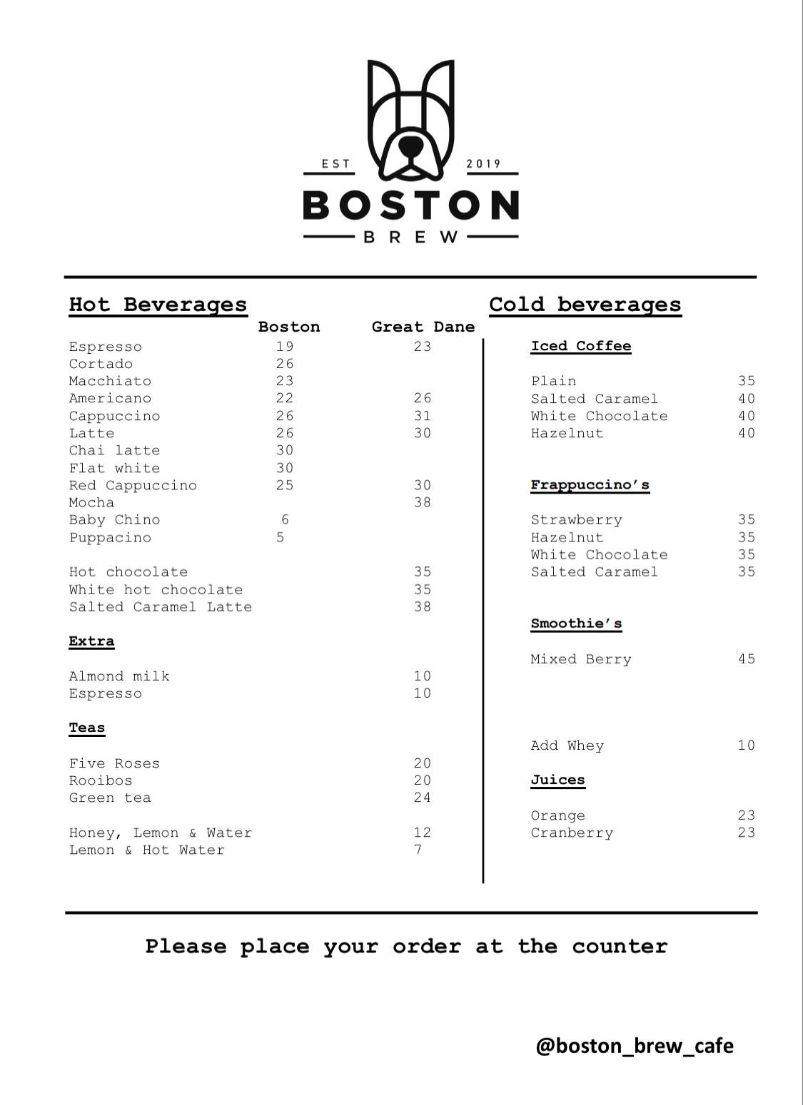 Menu at Boston Brew Coffee Shop restaurant, Durban