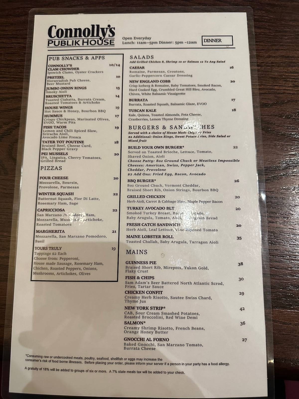 Menu at Connolly's Publik House, Boston, 1 Hotel Dr