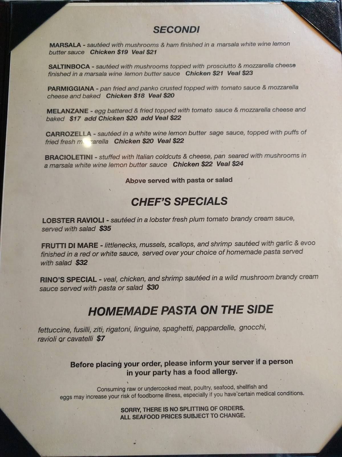 Menu at Rino's Place restaurant, Boston