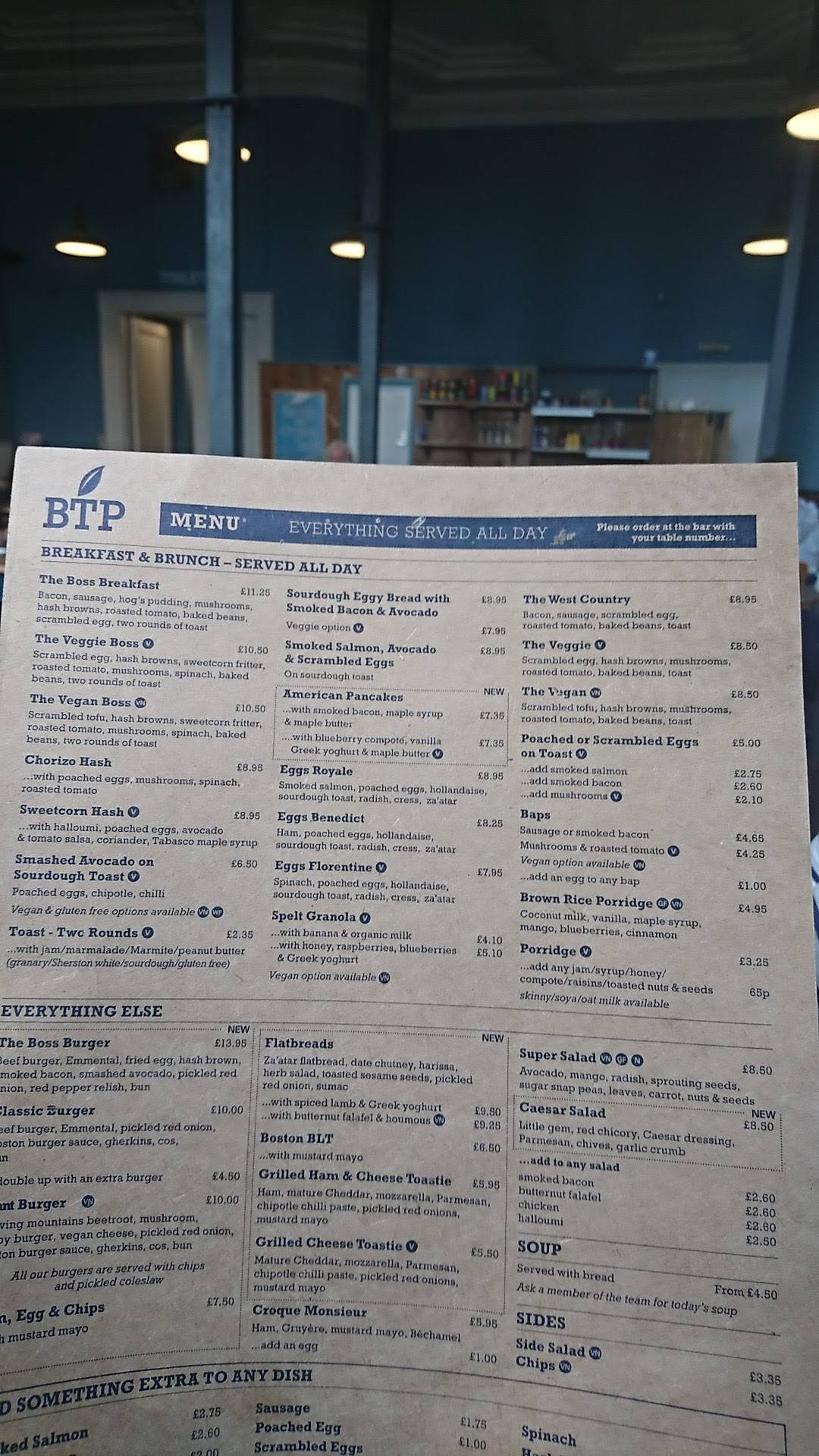 Menu at Boston Tea Party cafe, Exeter