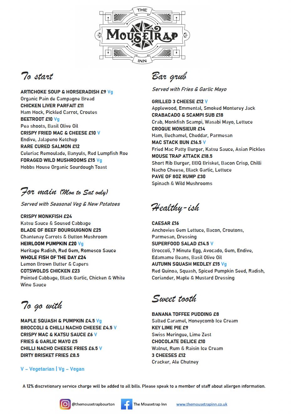 Menu at The Mousetrap Inn pub & bar, Bourton-on-the-Water