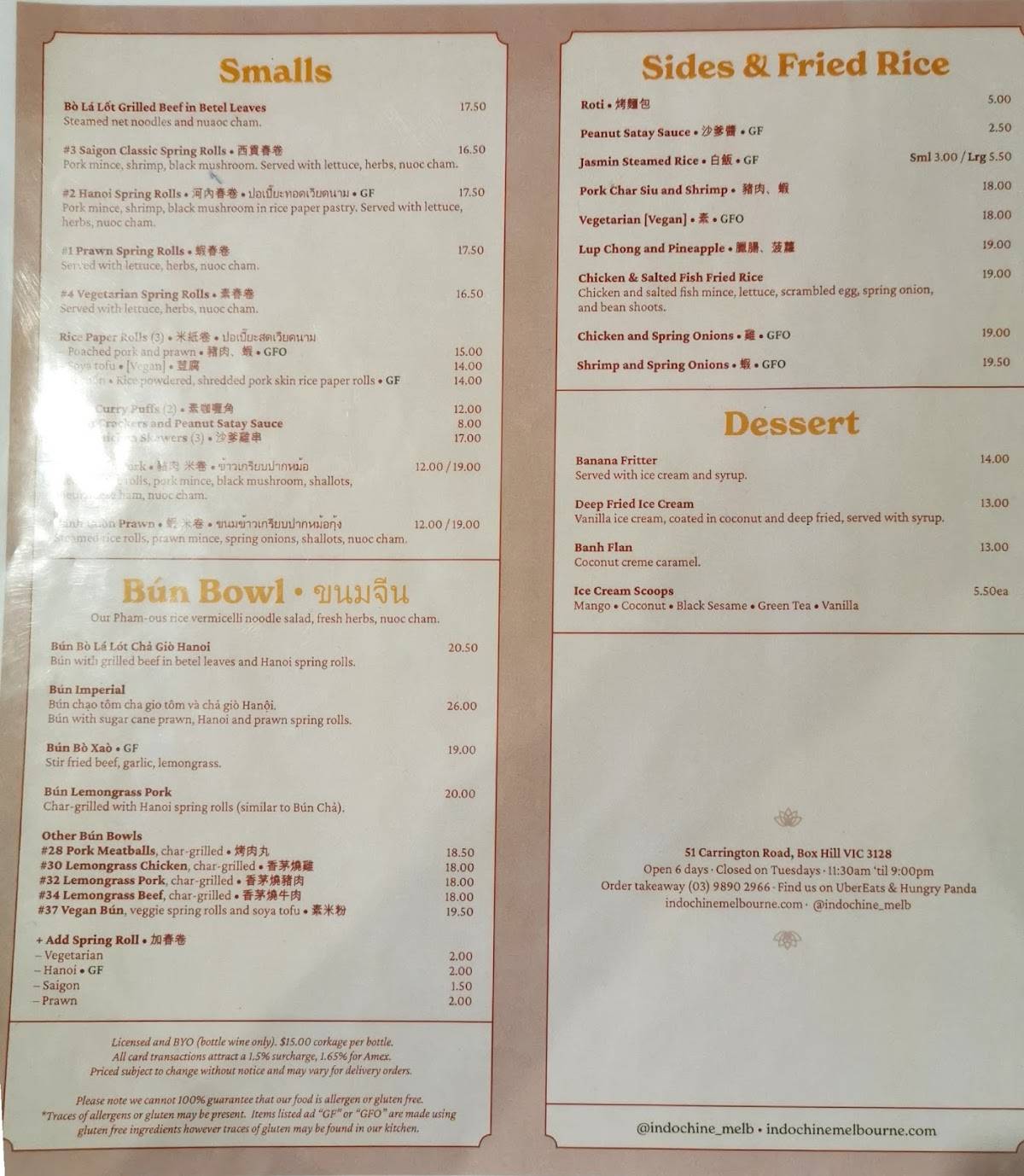 Menu at Indochine Vietnamese Restaurant, Box Hill