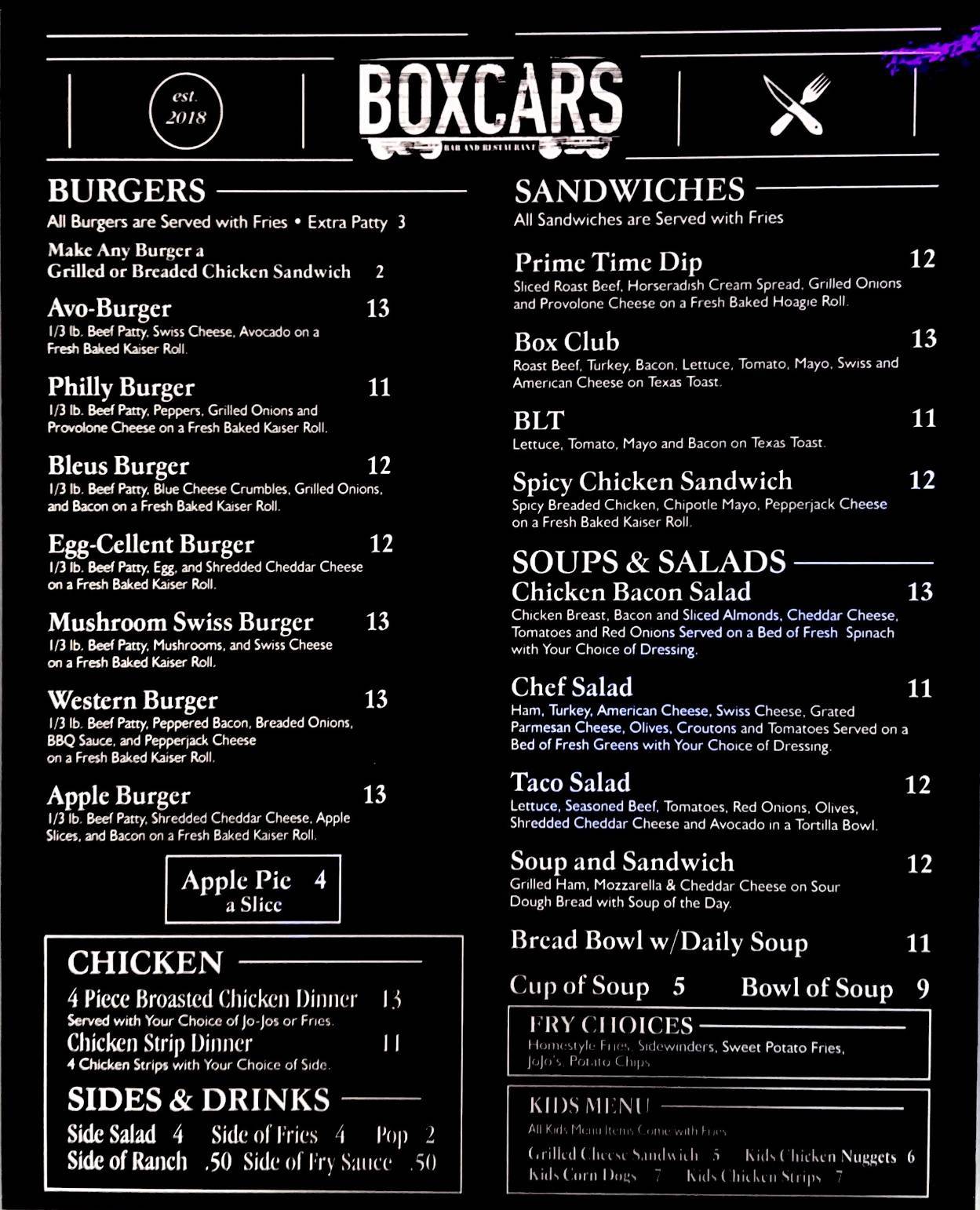 Menu at Boxcars Restaurant and Bar, Havre