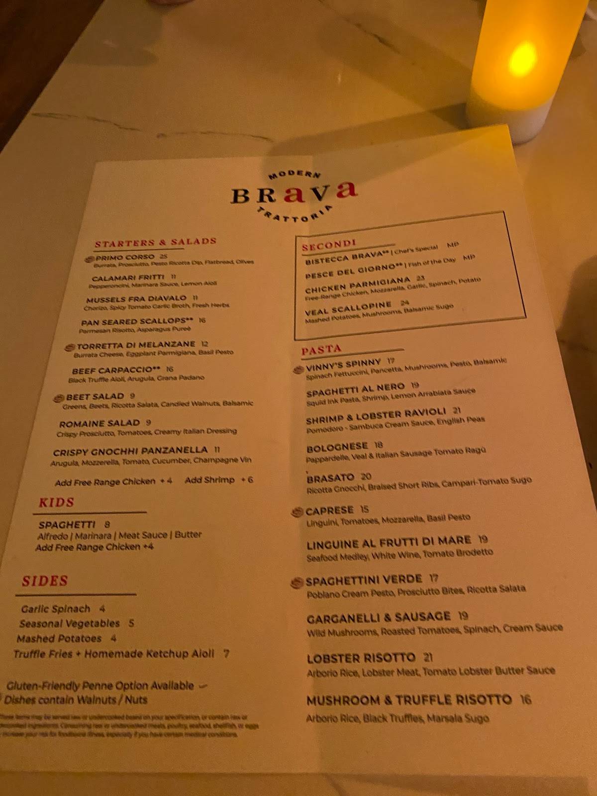 Menu at Brava Modern Trattoria restaurant, Glenwood Springs