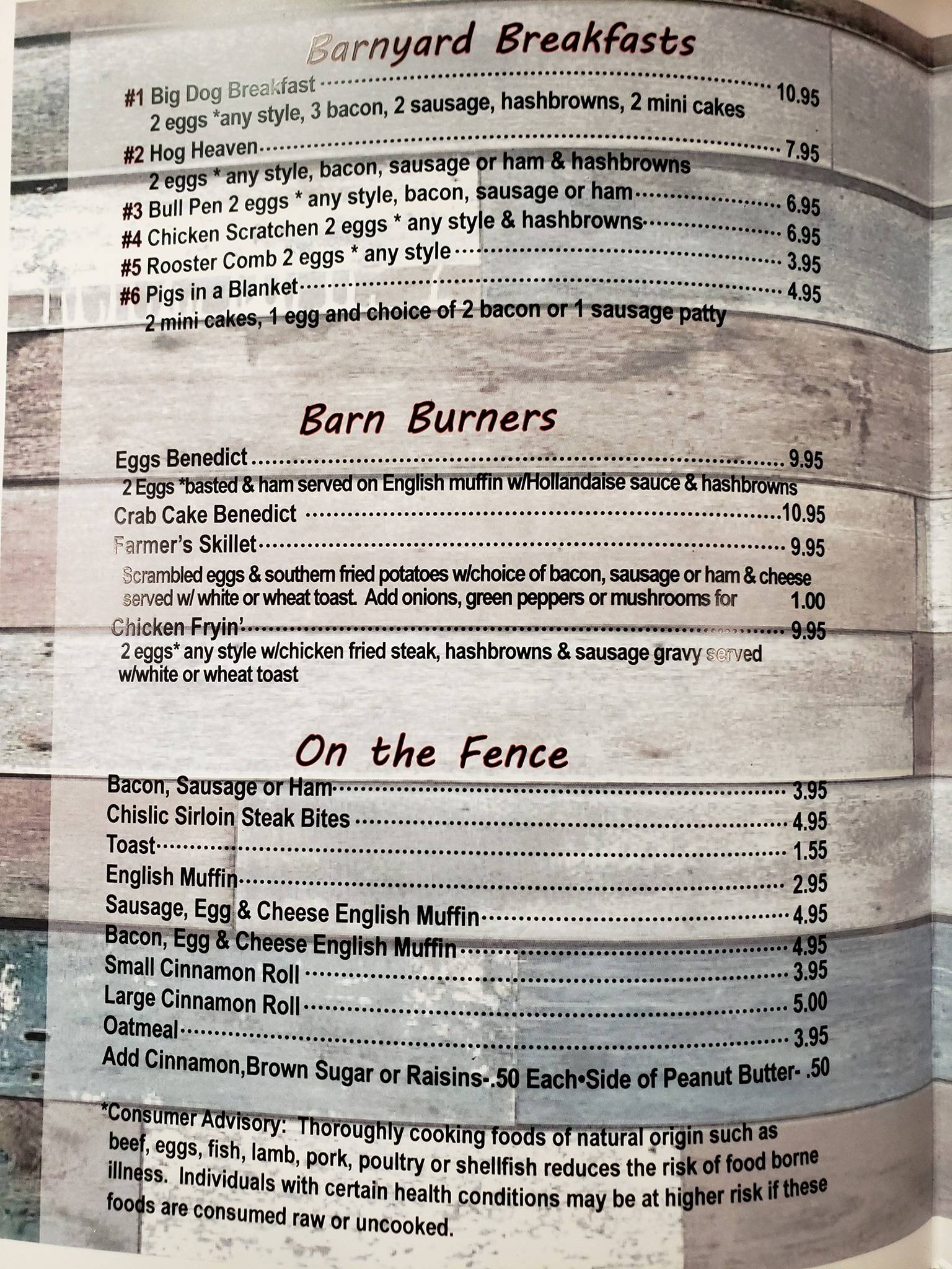 Menu at Breakfast Barn (formerly Keglers), Spirit Lake