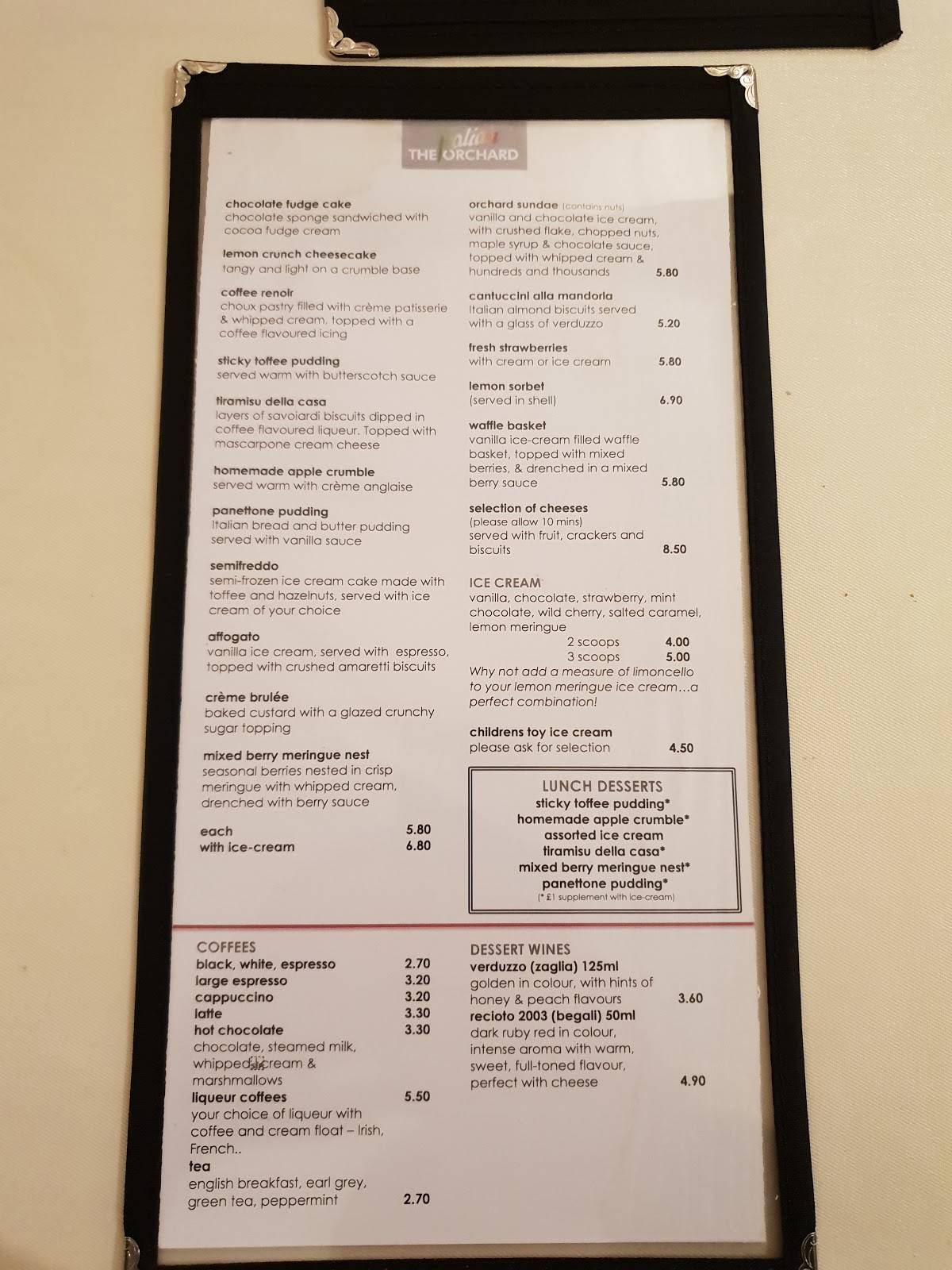 Menu at The Italian Orchard restaurant, Preston, 96 Whittingham Ln