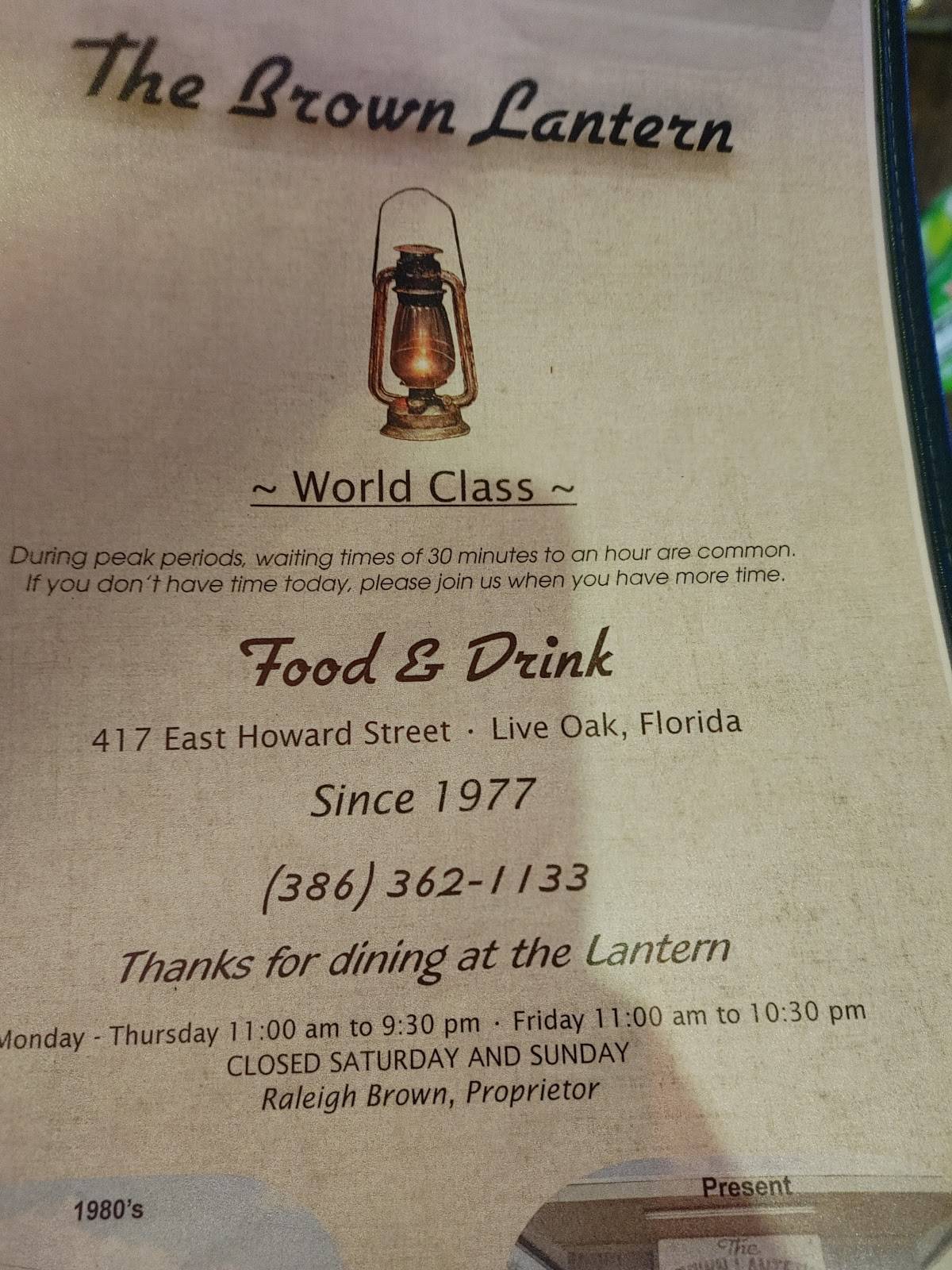 Menu at Brown Lantern restaurant, Live Oak
