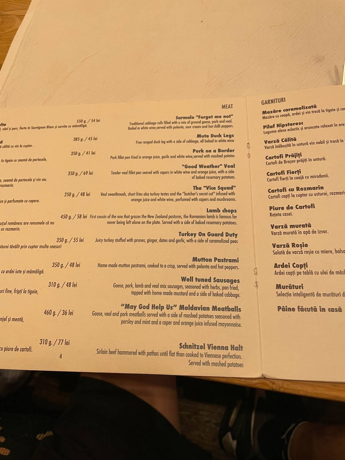 Menu at Vatra, Bucharest, Strada Ion Brezoianu 19