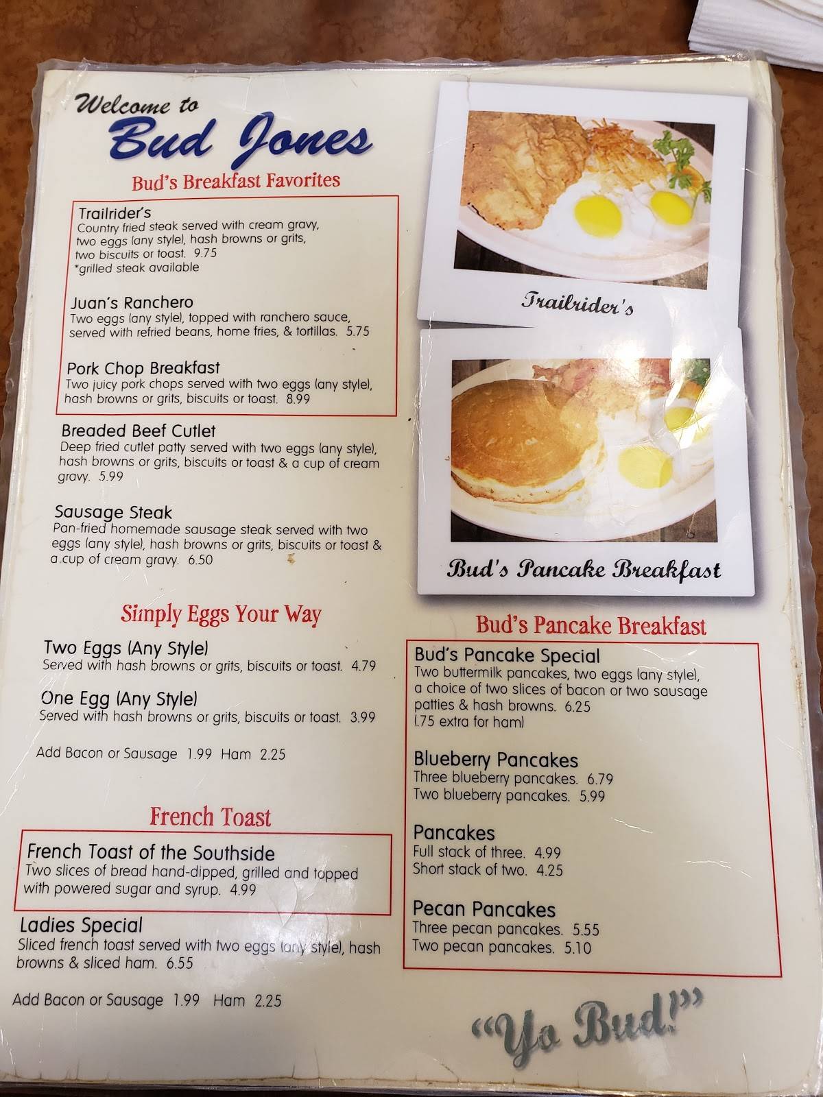 Menu at Bud Jones Restaurant, San Antonio