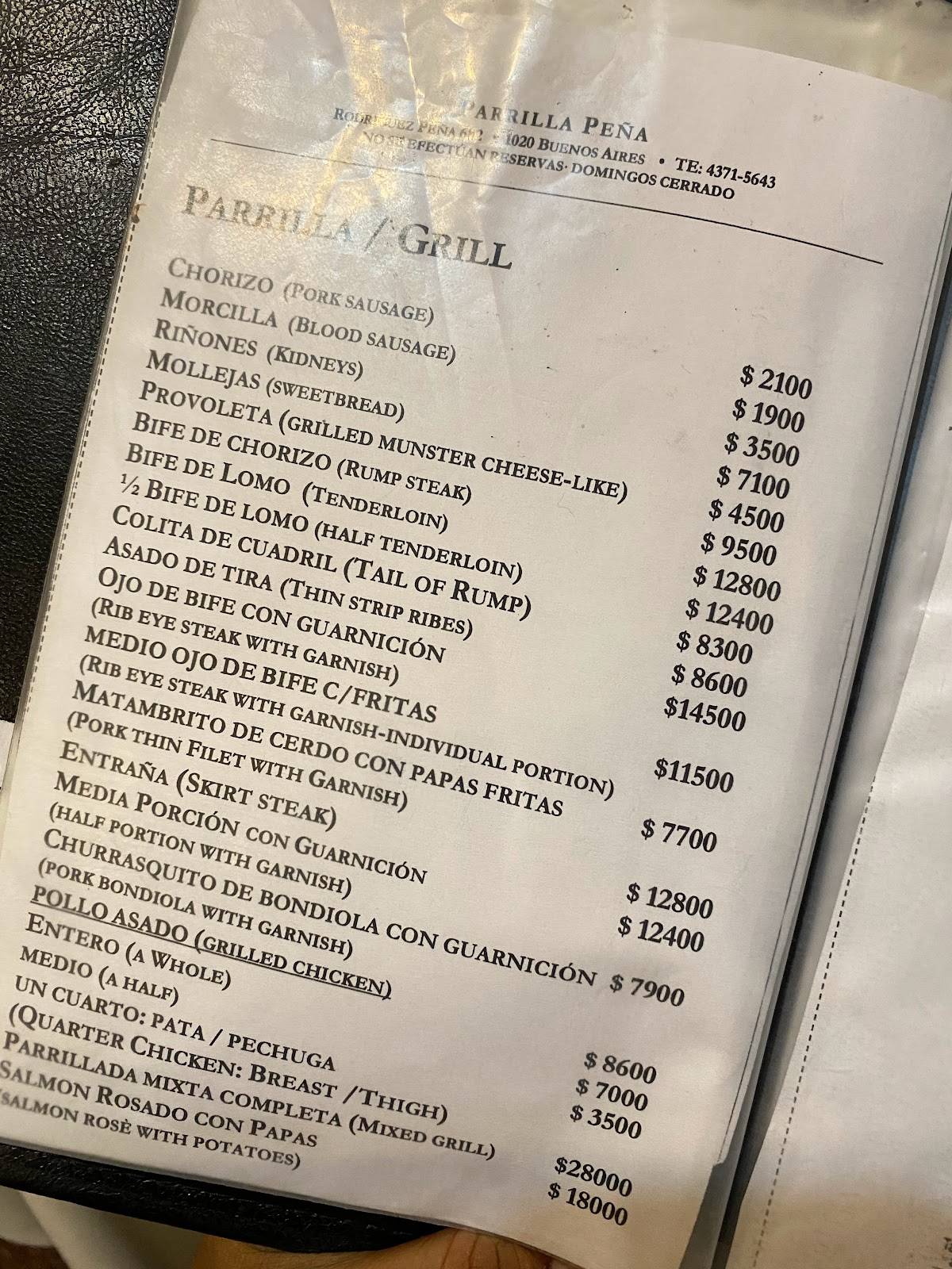 Menu at Parrilla Peña, Buenos Aires, Rodríguez Peña 682