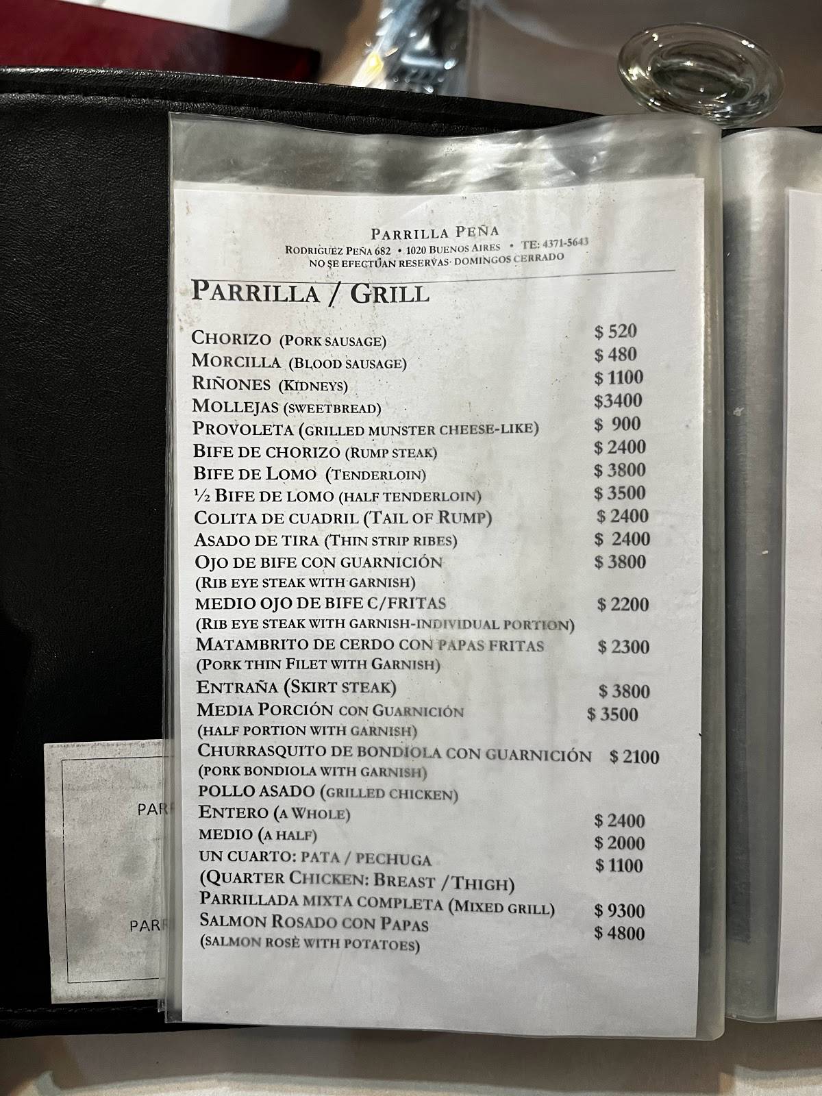 Menu at Parrilla Peña, Buenos Aires, Rodríguez Peña 682