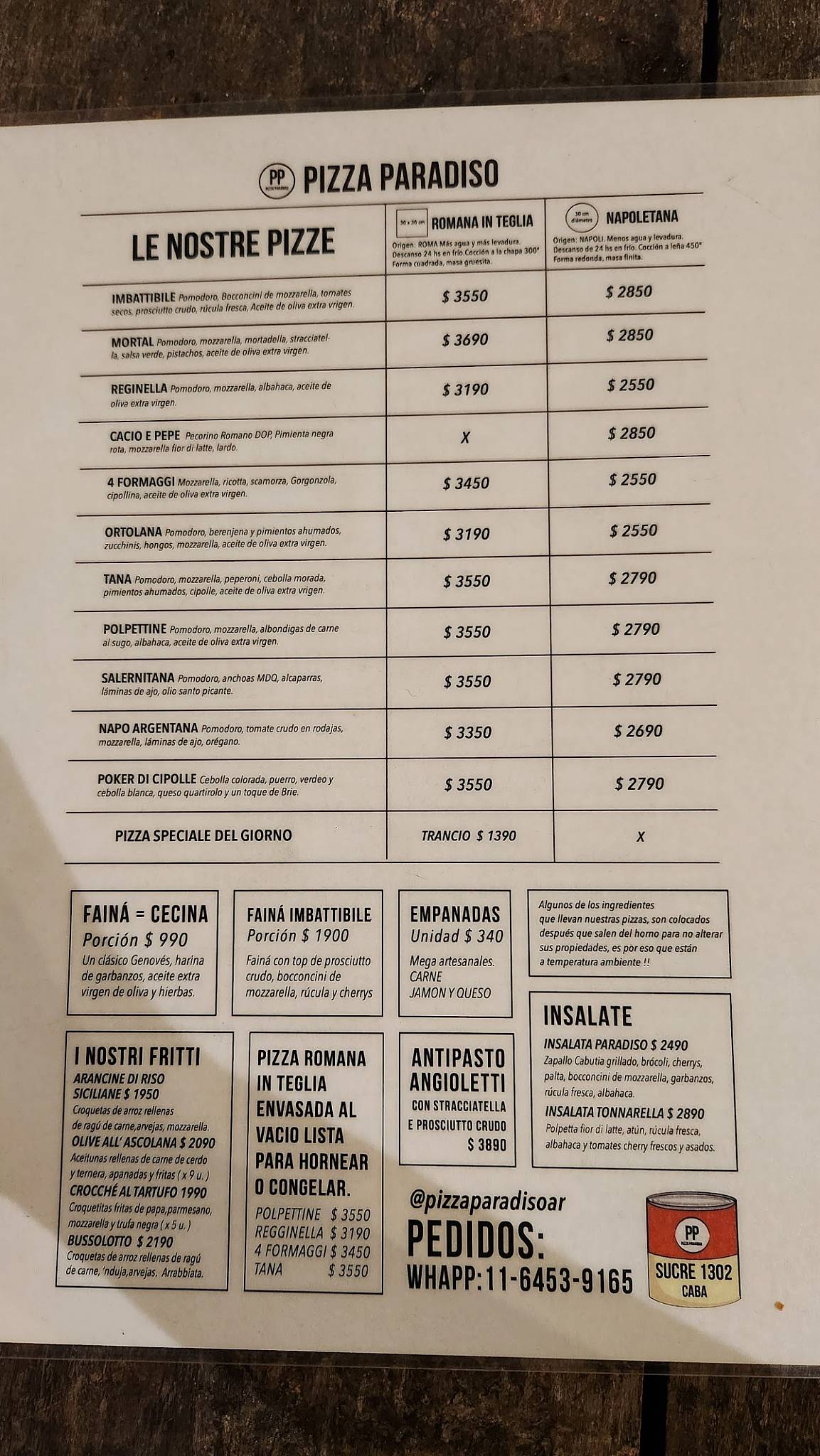 Carta del restaurante PIZZA PARADISO, Buenos Aires