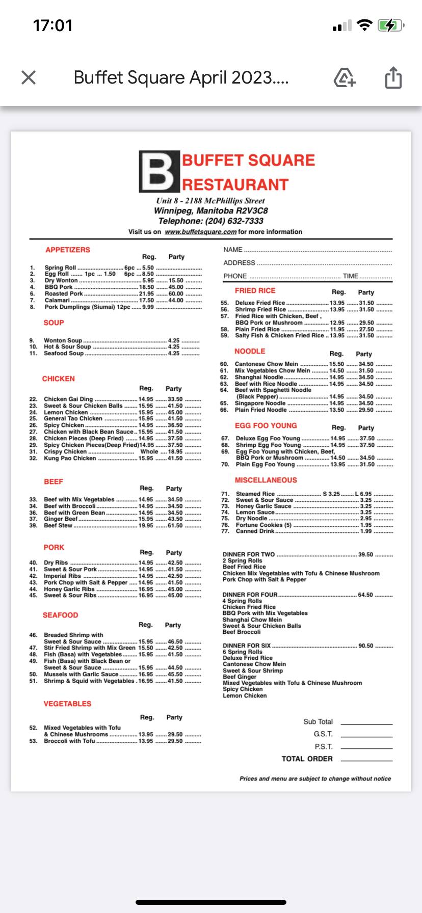 Menu at Buffet Square restaurant, Winnipeg