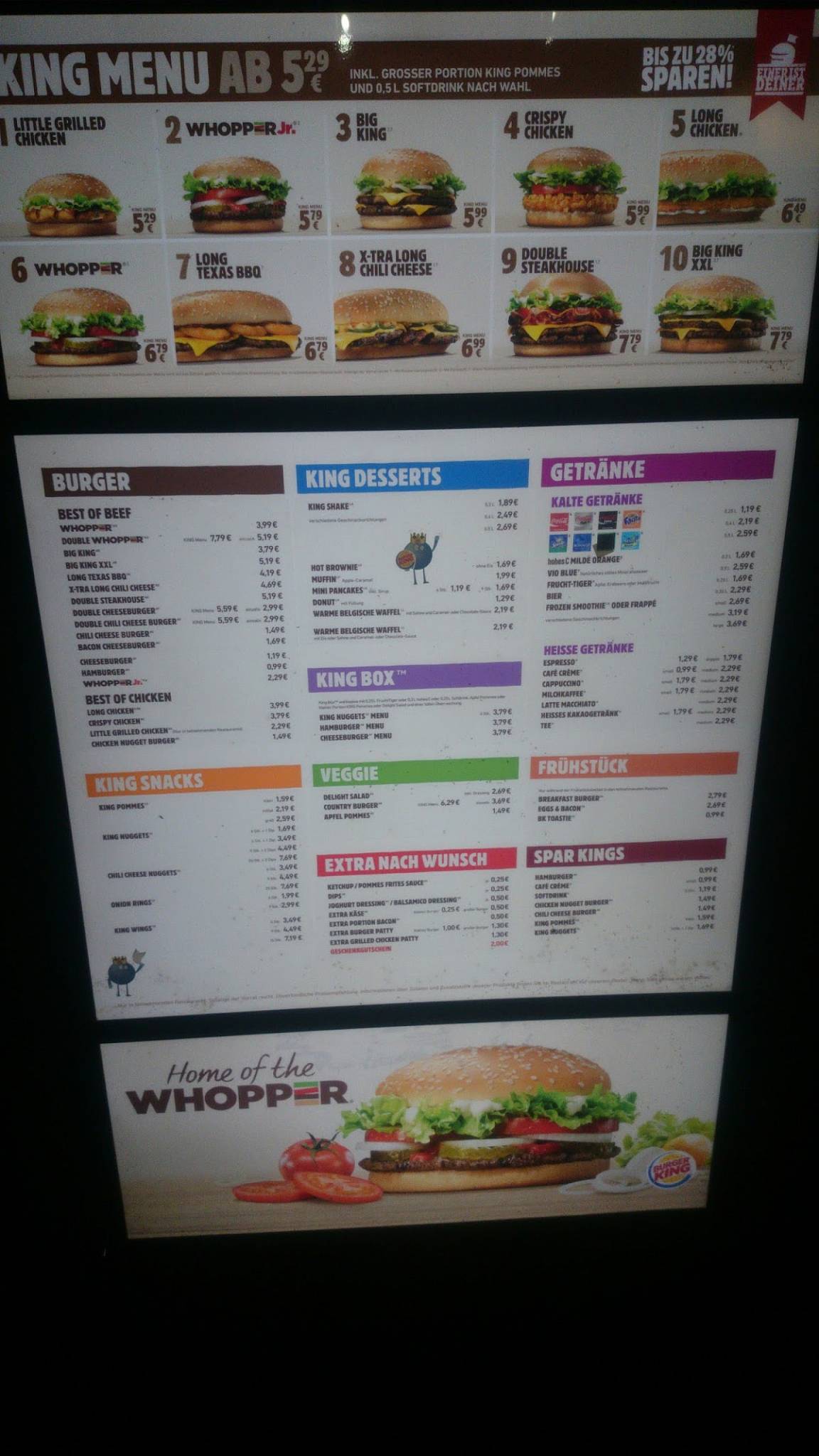 Speisekarte von Burger King fast Food, Merzig