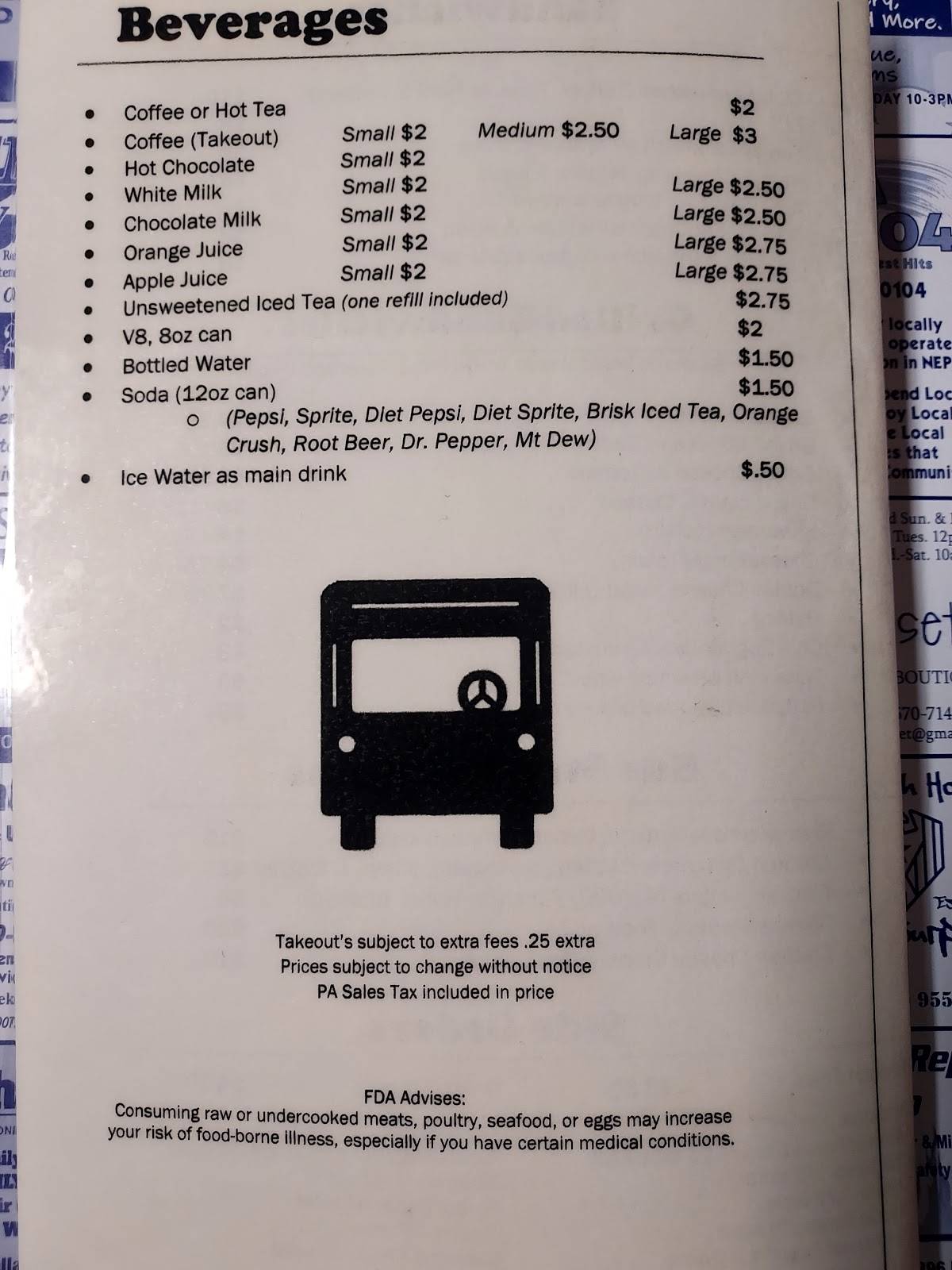 Menu at Bus Stop Cafe, Nanticoke