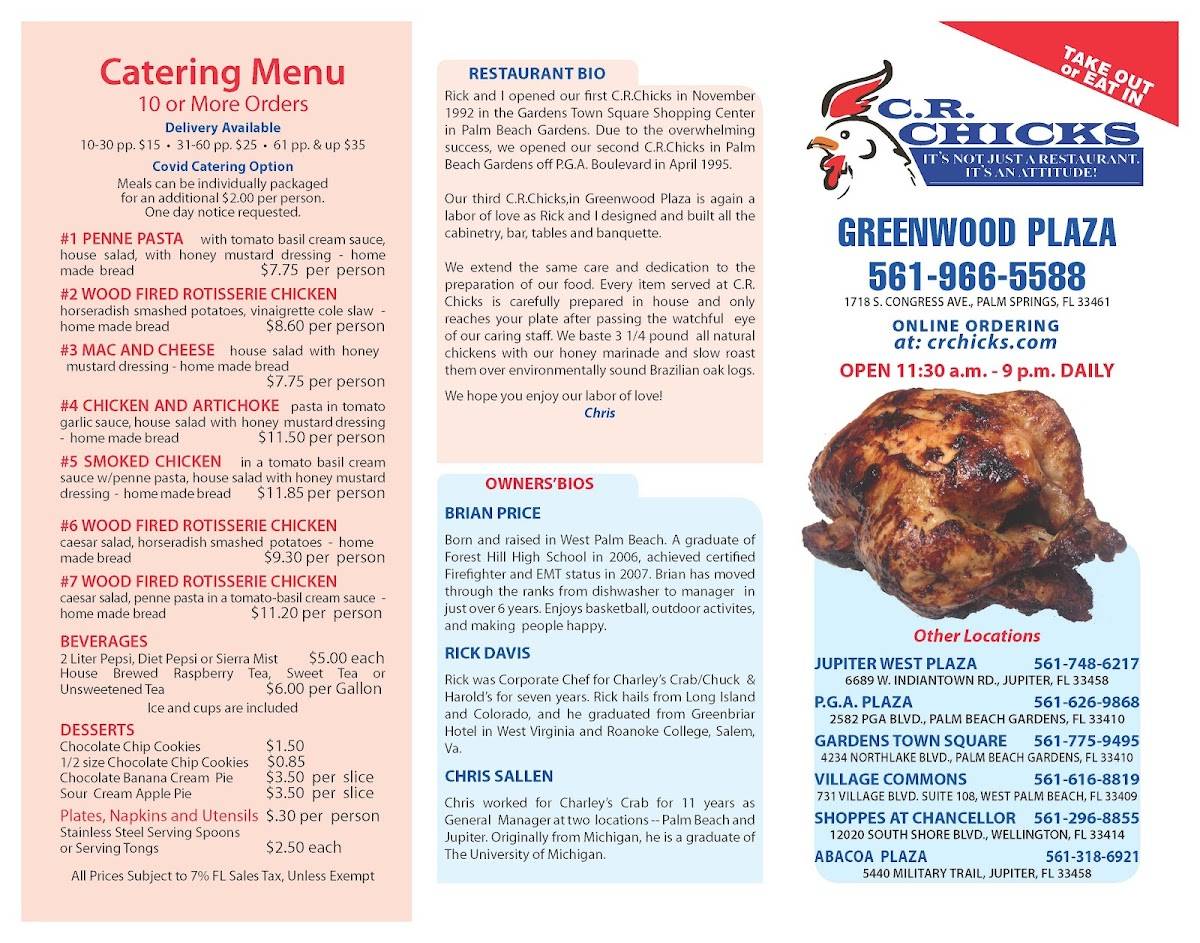 Menu at C.R. Chicks (Palm Springs) restaurant, Palm Springs