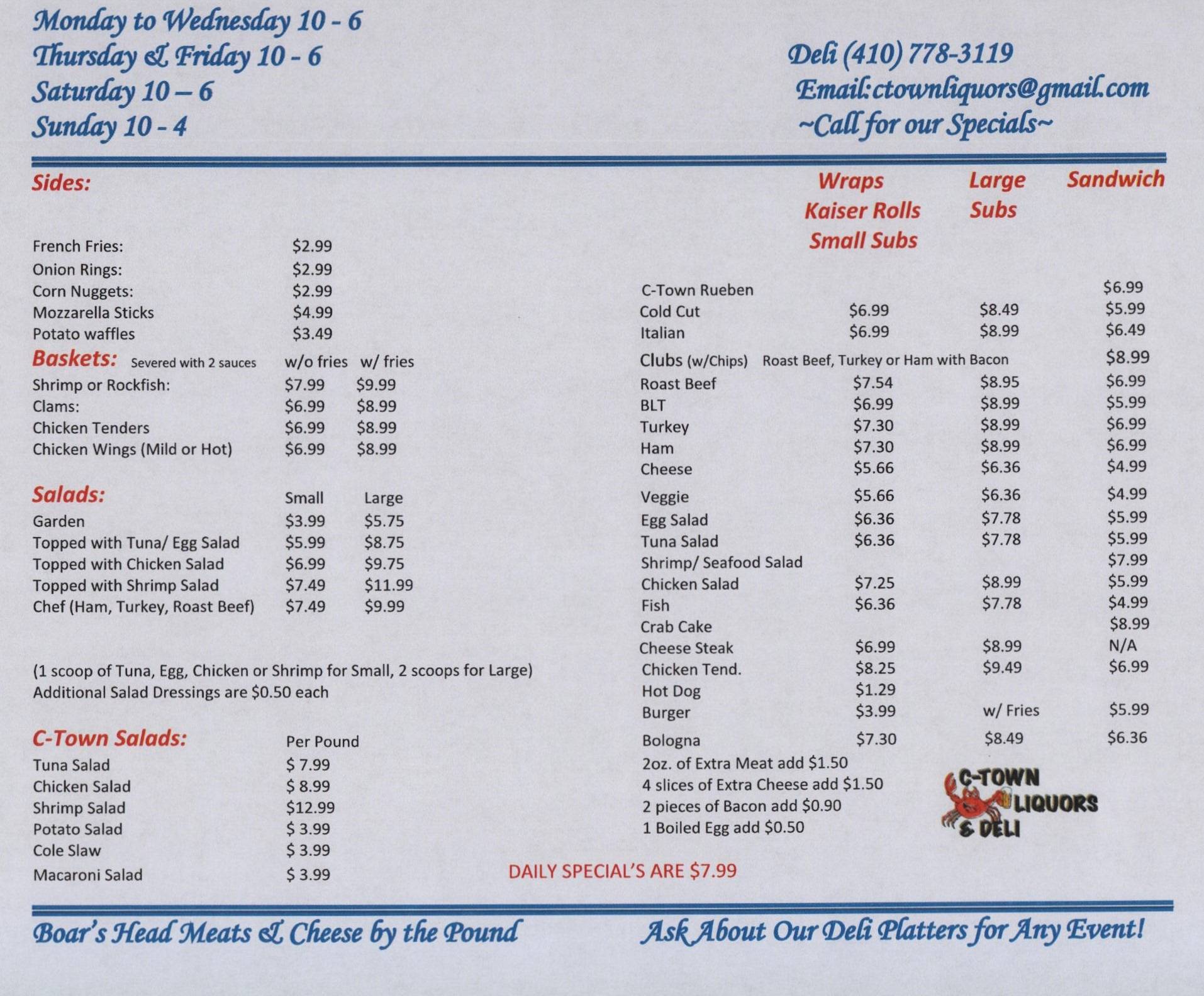 Menu at C-Town Liquors & Deli restaurant, Chestertown
