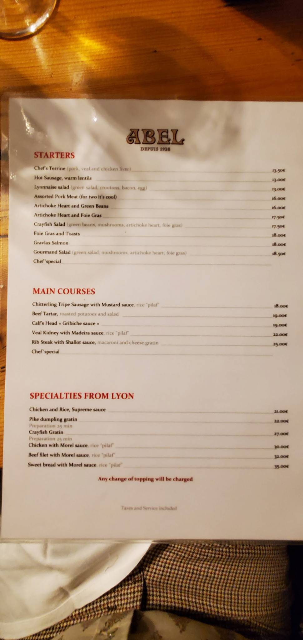 Menu at Café Comptoir Abel, Lyon